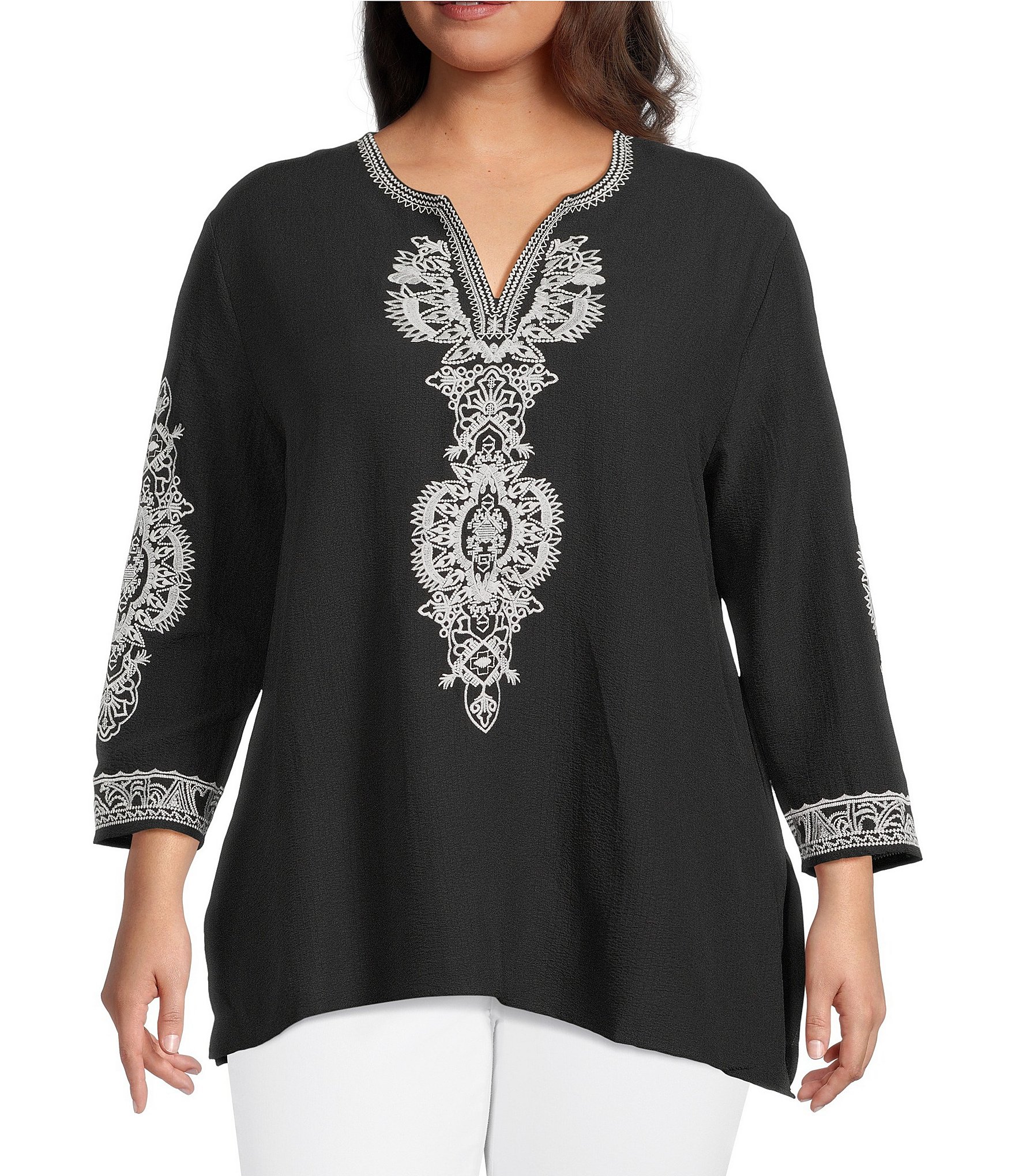 Calessa Plus Size Embroidered Split V-Neck 3/4 Sleeve Tunic | Dillard's