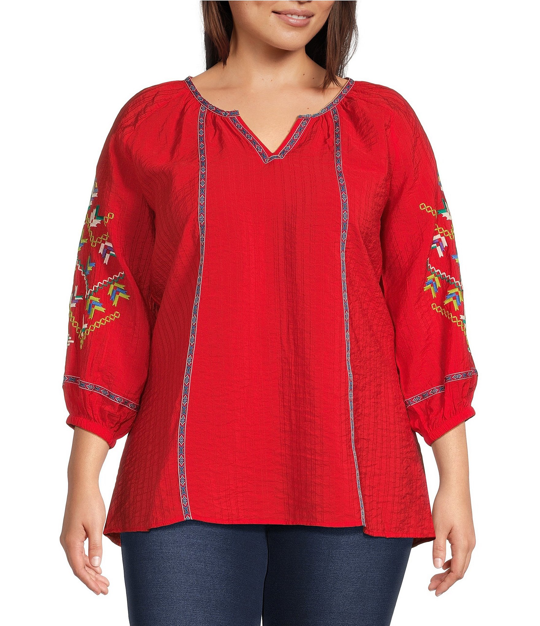 Calessa Plus Size Embroidered Split V Neckline Bracelet Sleeve Blouse