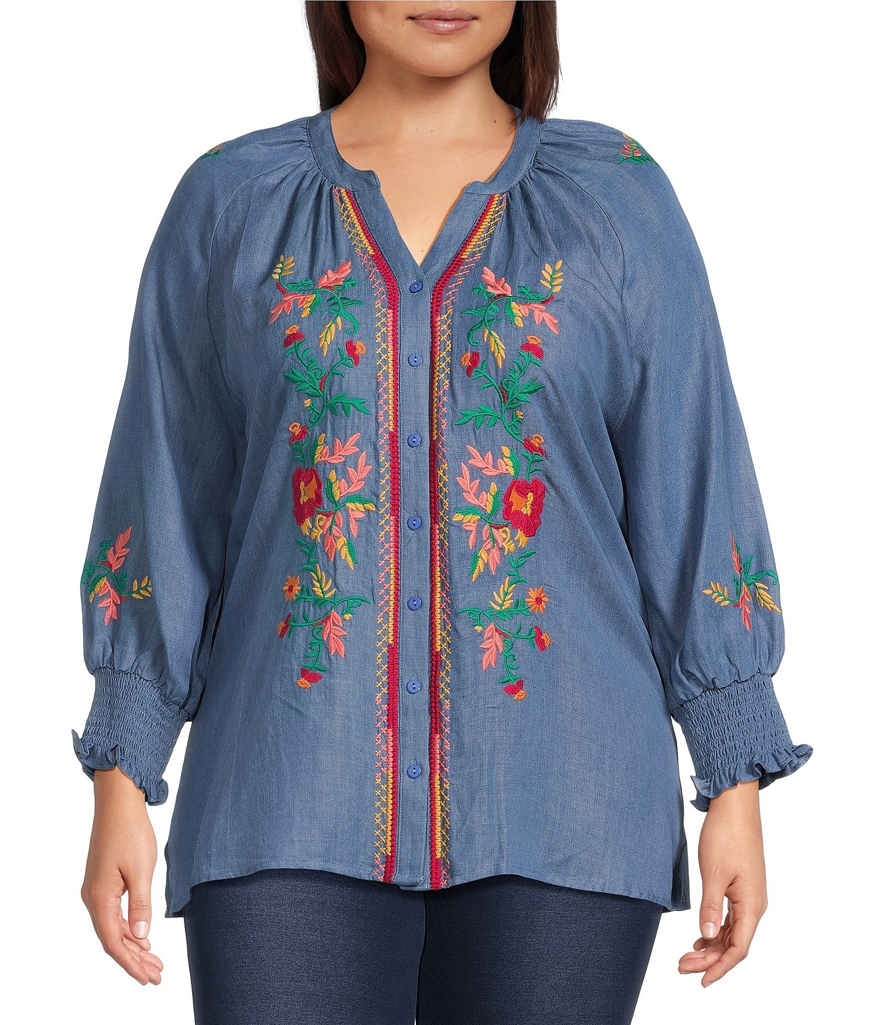 Calessa Plus Size Embroidered Tencel Split Neck 3/4 Sleeve Button Front ...
