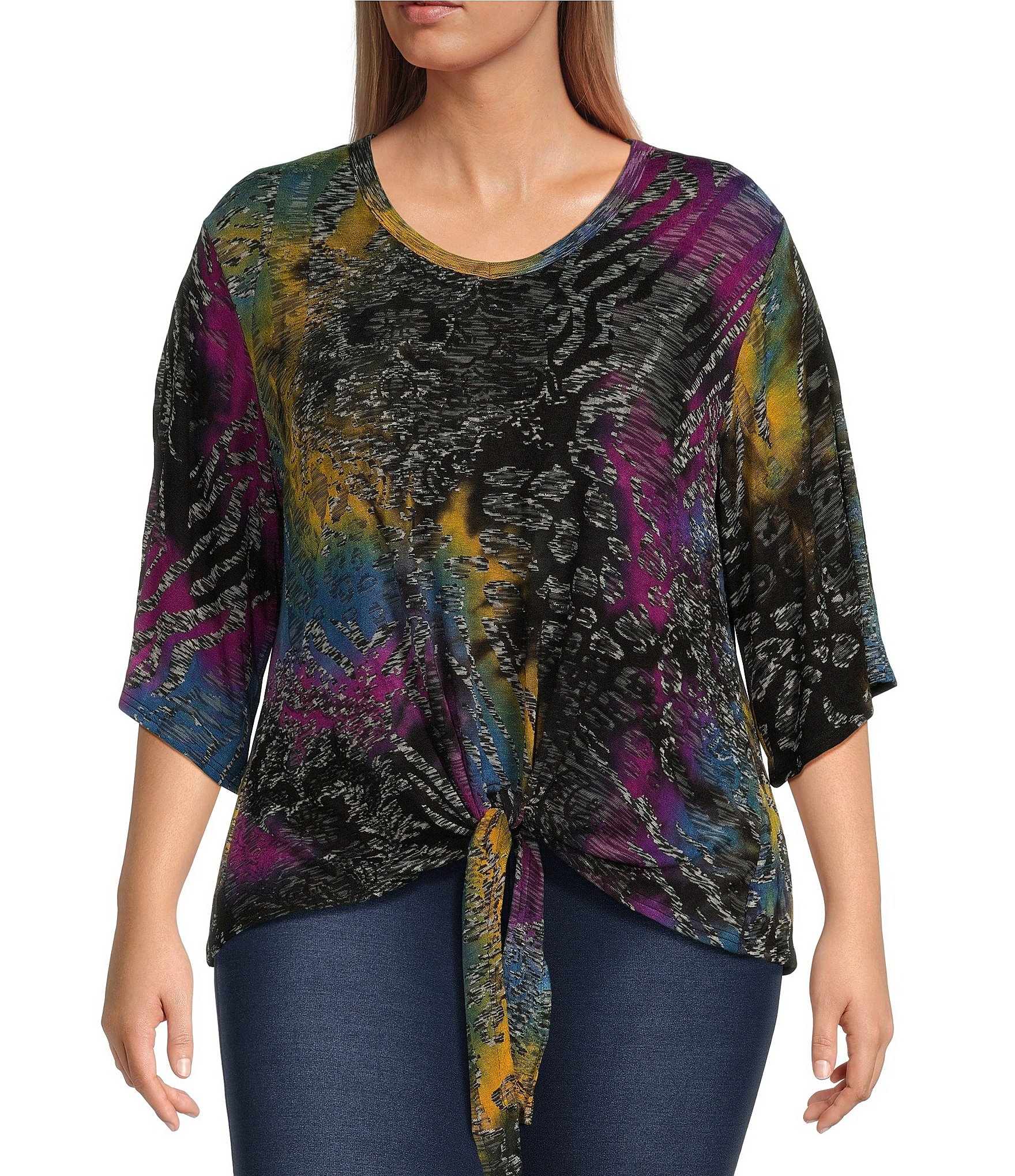 Calessa Plus Size Stretch Space Tie Dye V Neckline 3 4 Sleeve Knit Top