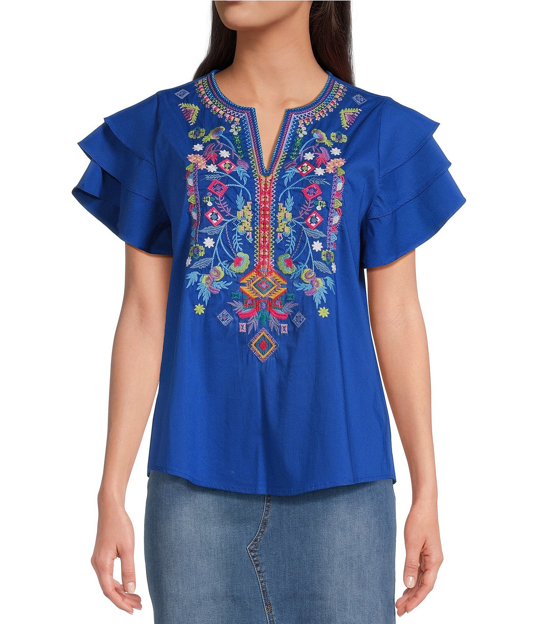 Calessa Split V Neck Short Sleeve Embroidered Top Dillards
