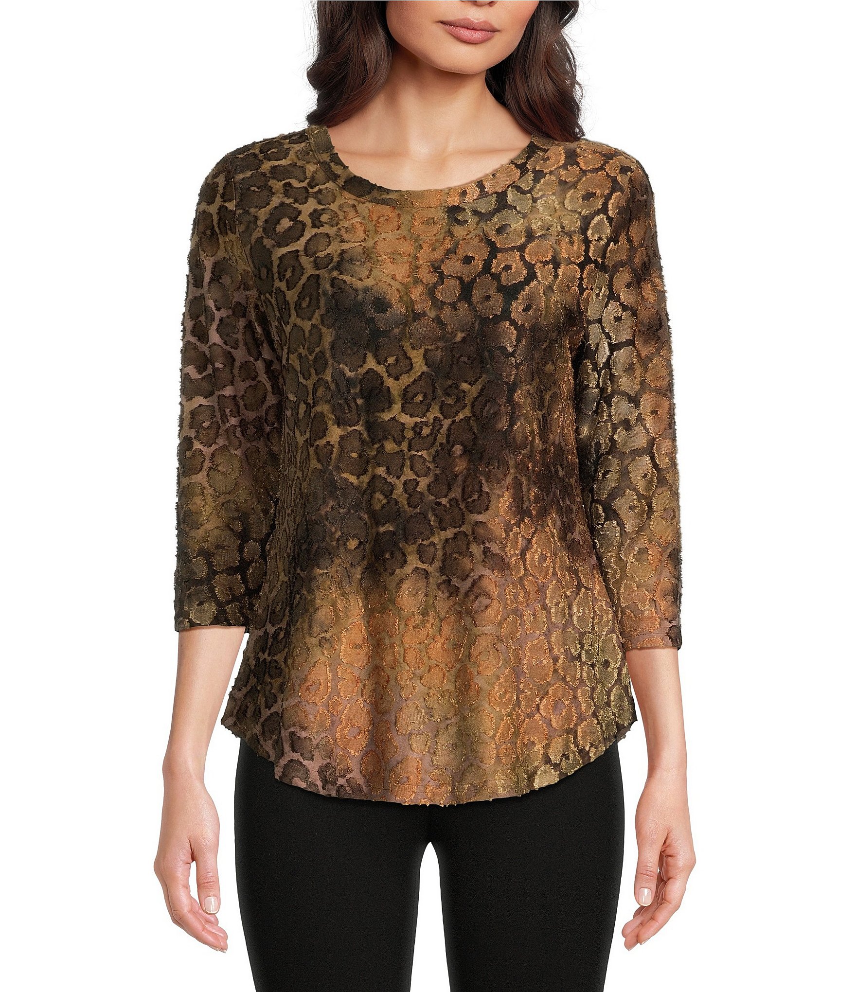 Calessa Stretch Burnout Tie Dye Crew Neckline 3 4 Sleeve Top Dillards