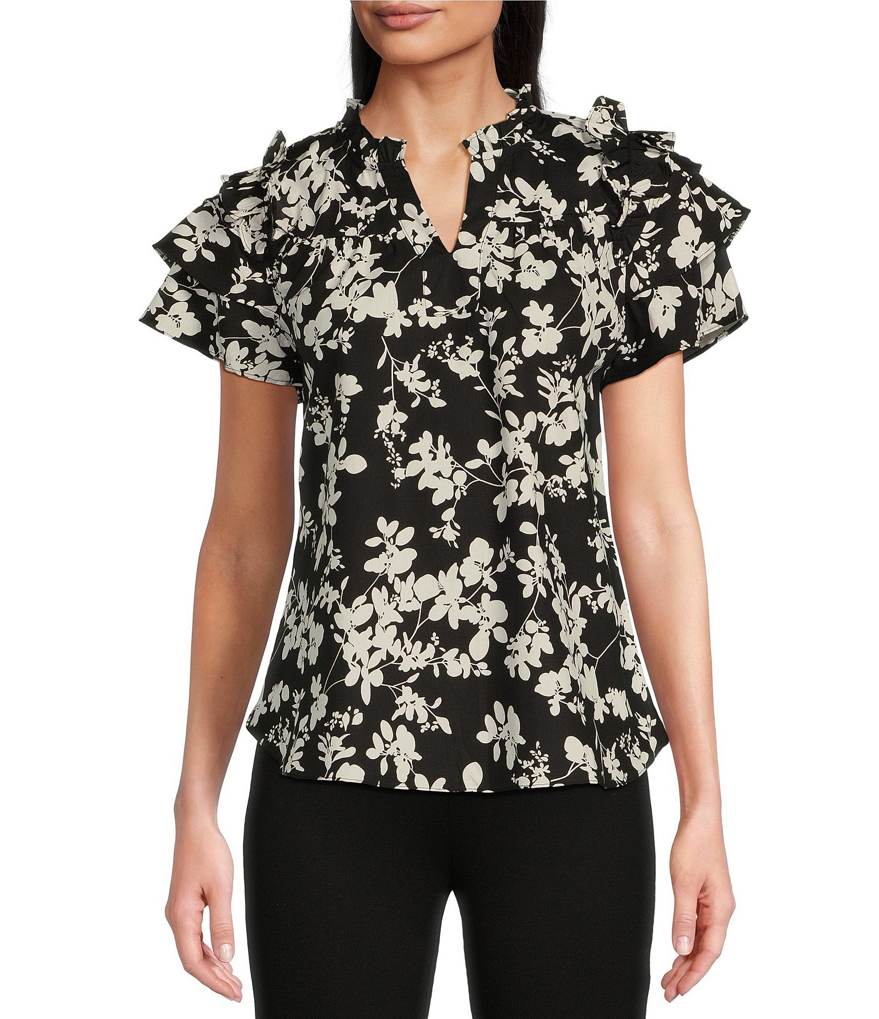 Calessa Woven Floral Print Split V Neck Cap Sleeve Ruffle Straight Hem