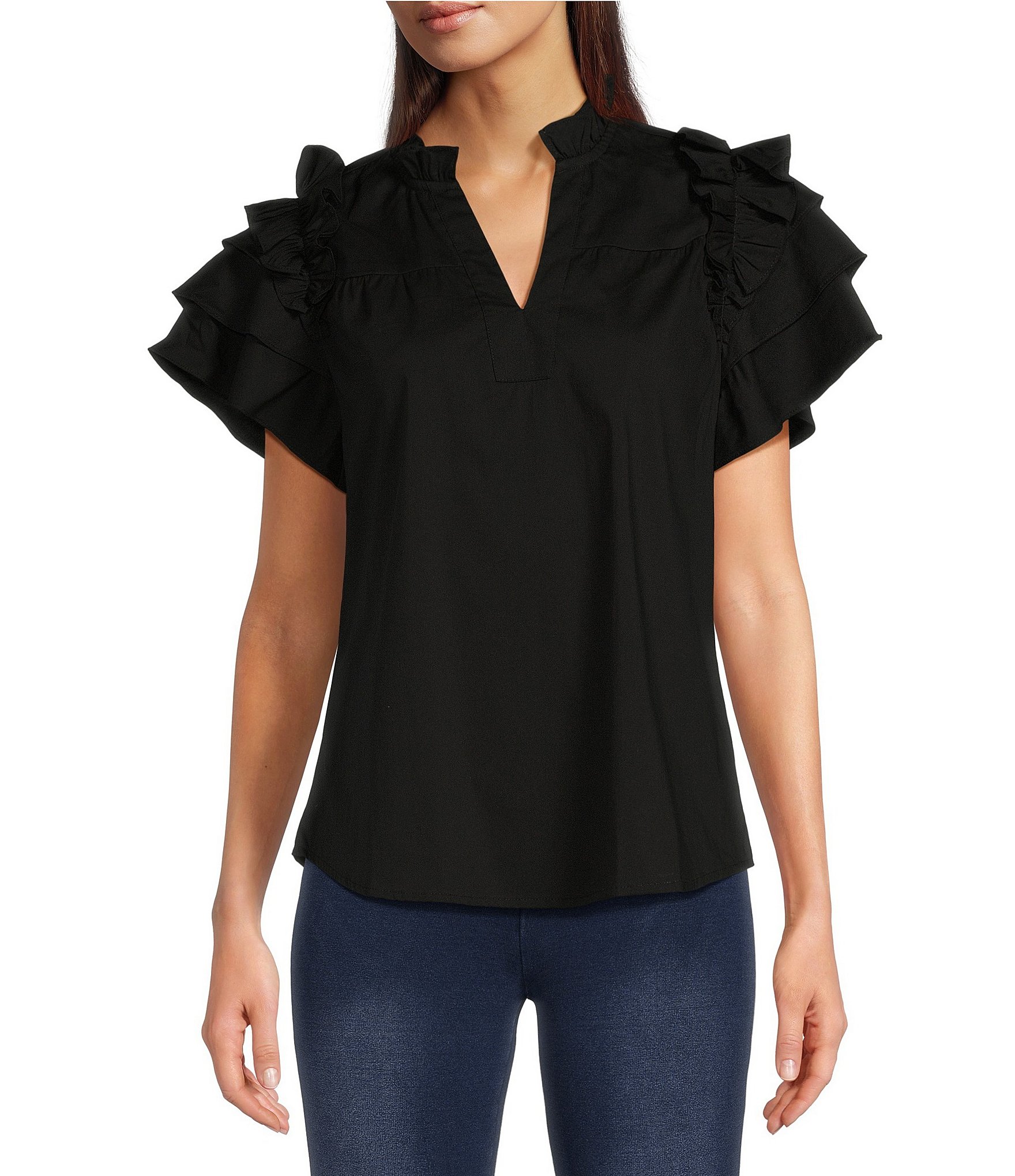 Calessa Woven Split V Neck Short Sleeve Ruffle Pullover Top Dillards