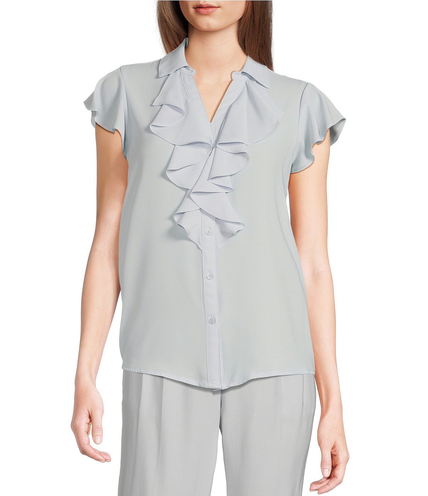 Calvin Klein Collared Flutter Cap Sleeve Cascading Ruffle Button Front ...