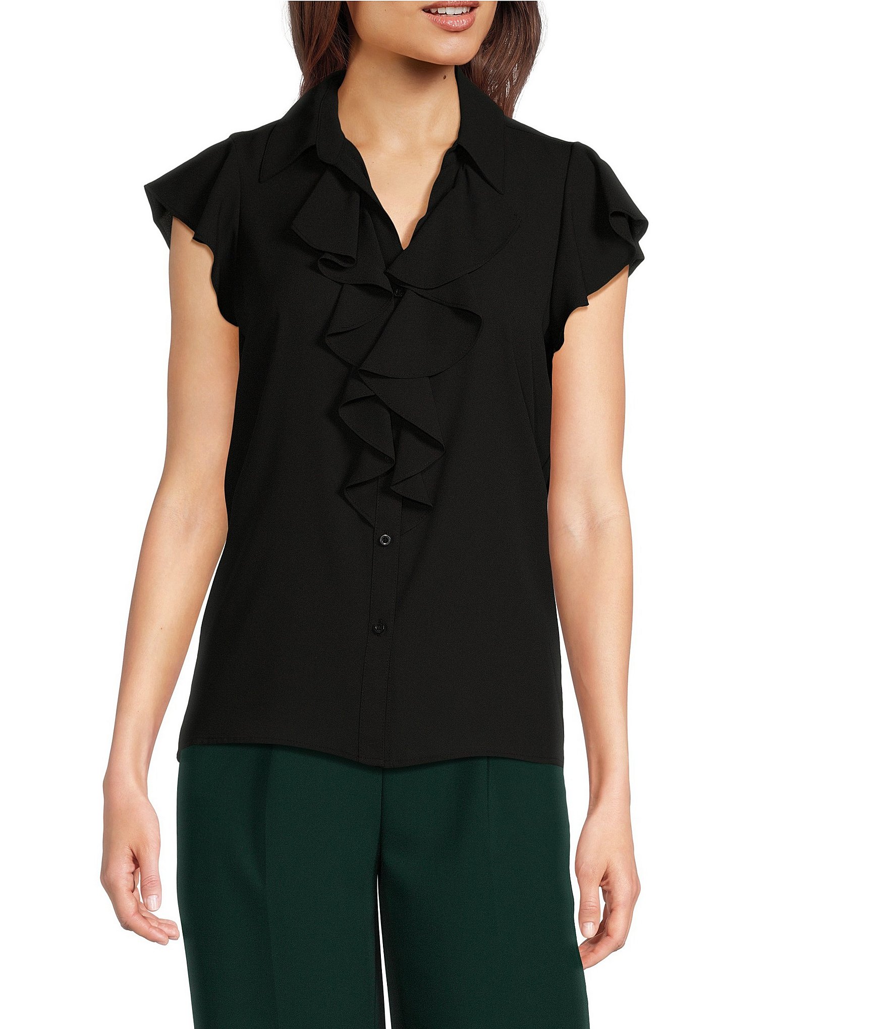 Calvin Klein Georgette Ruffle-Front Point Collar Short Sleeve Top ...