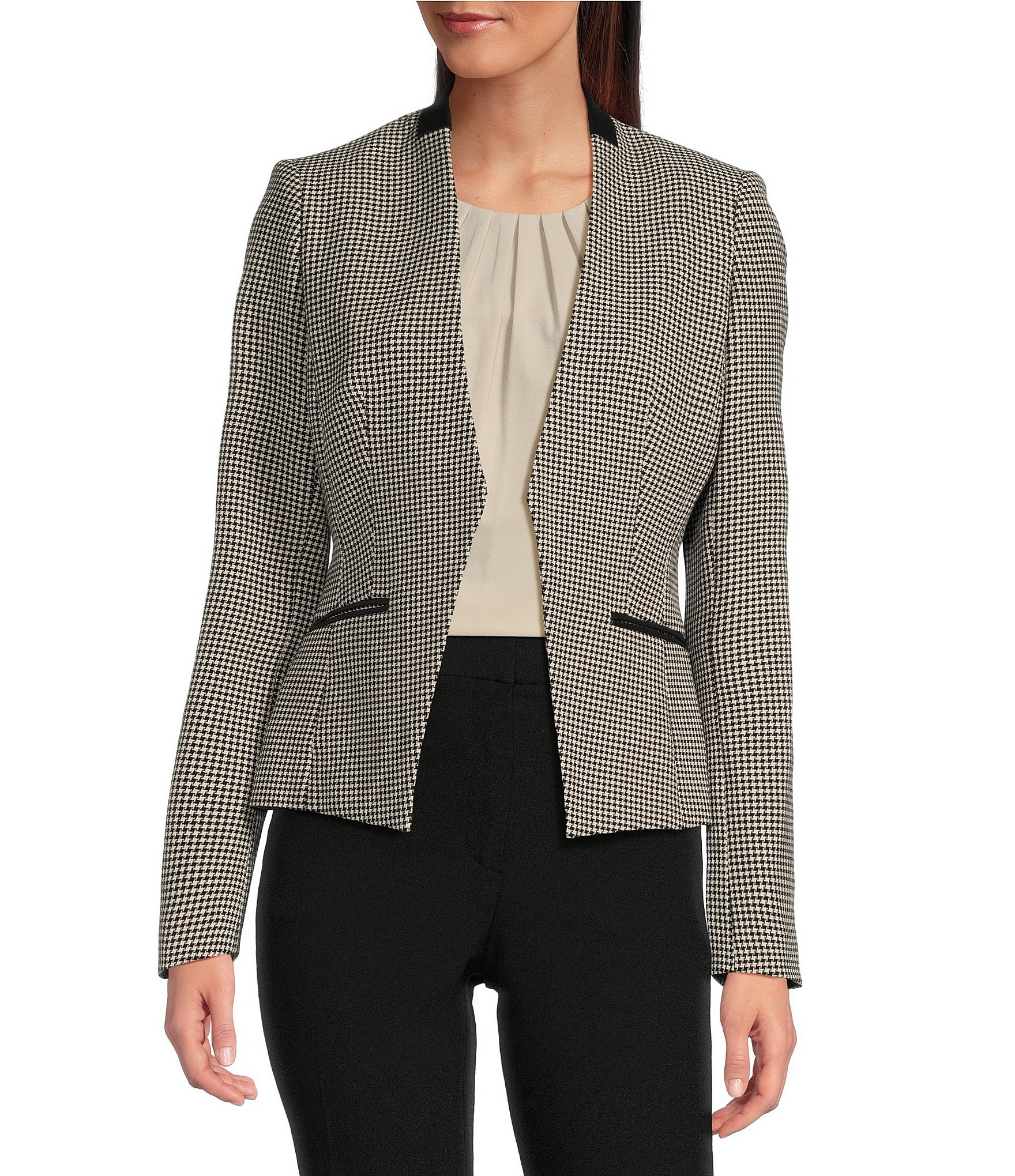 Calvin Klein Houndstooth Open-Front Long Sleeve Side Pocket Calvin Klein Houndstooth Open-Front Long Sleeve Side Pocket