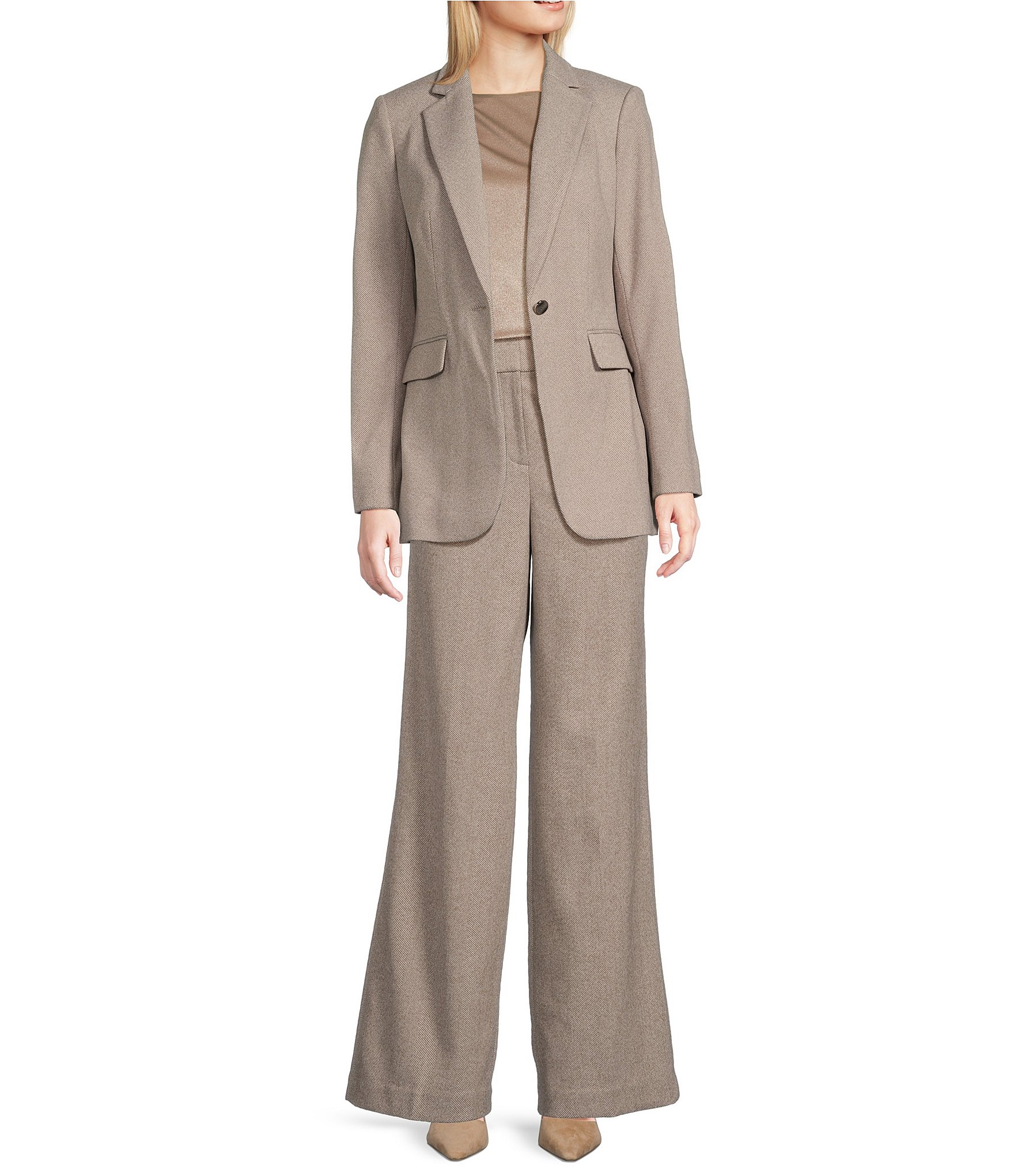 Calvin Klein Novelty Herringbone Notch Lapel Long Sleeve One Button Jacket Herringbone Wide Leg High Rise Pant Dillard s