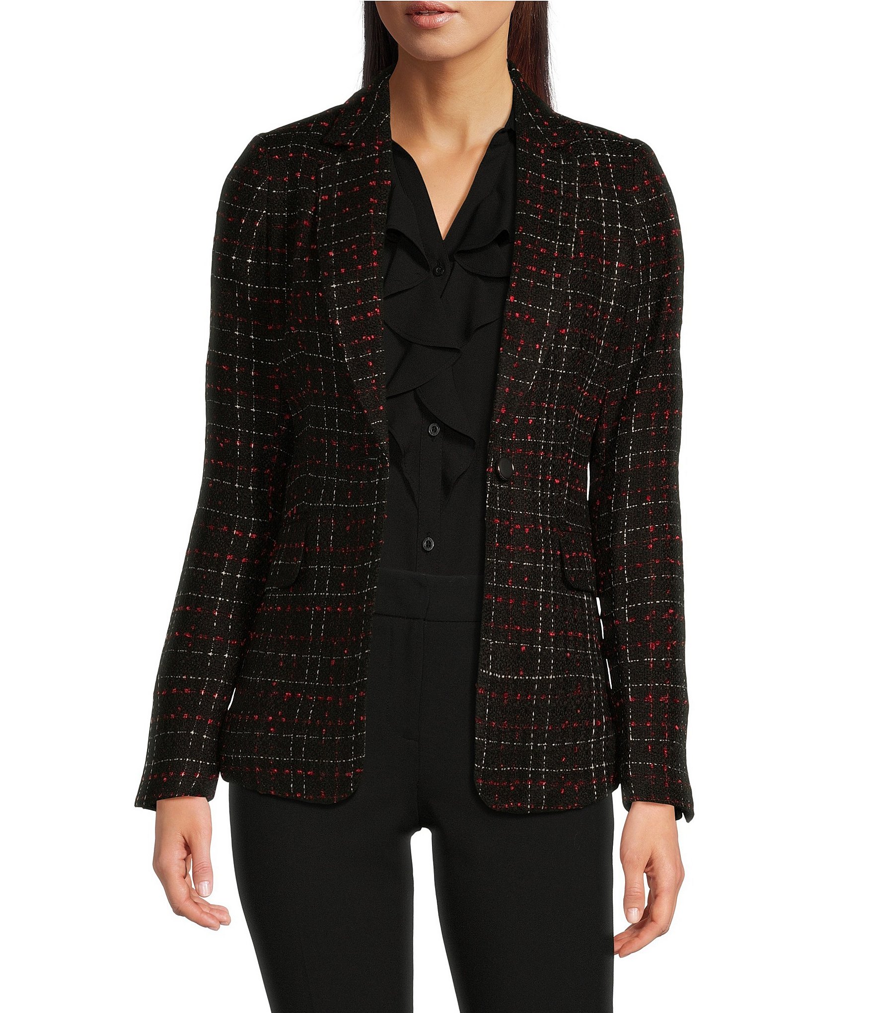 Calvin Klein Petite Size Stripe Notch Lapel Long Sleeve Pocketed One Button Tweed Jacket Dillard s