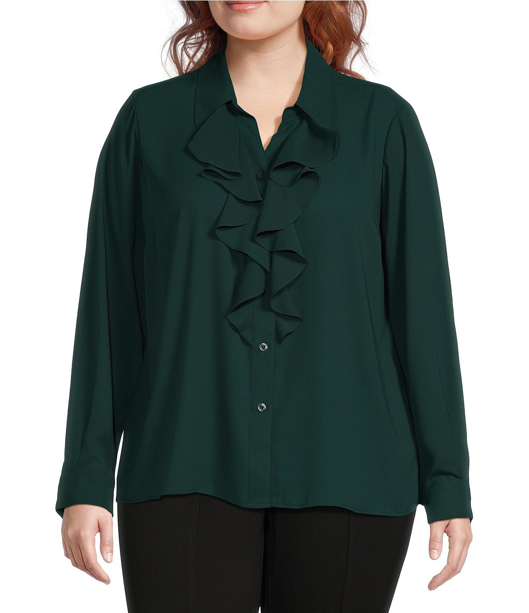 Calvin Klein Plus Size Collared Long Sleeve Ruffle Front Blouse | Dillard's