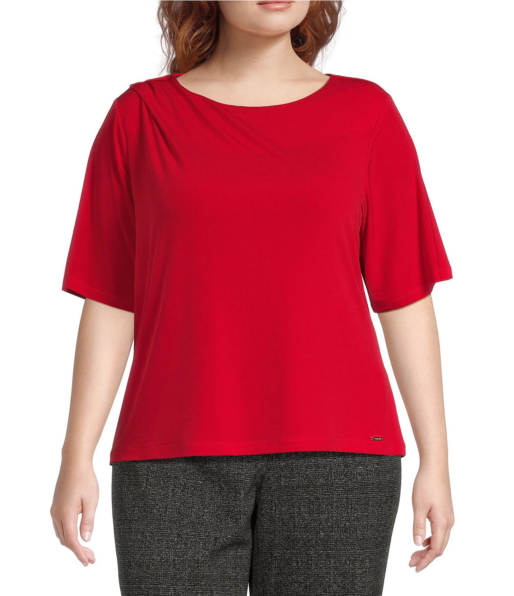 Calvin Klein Plus Size Solid Crew Neck Elbow Sleeve Draped Top | Dillard's