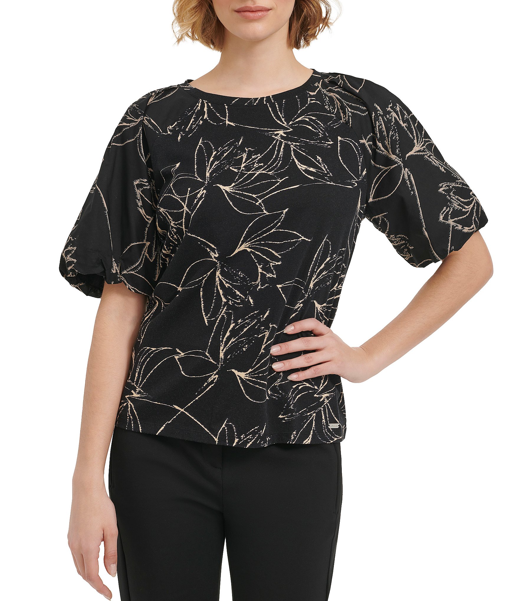 Calvin Klein Printed Crew Neckline Puff 3/4 Blouse | Dillard's