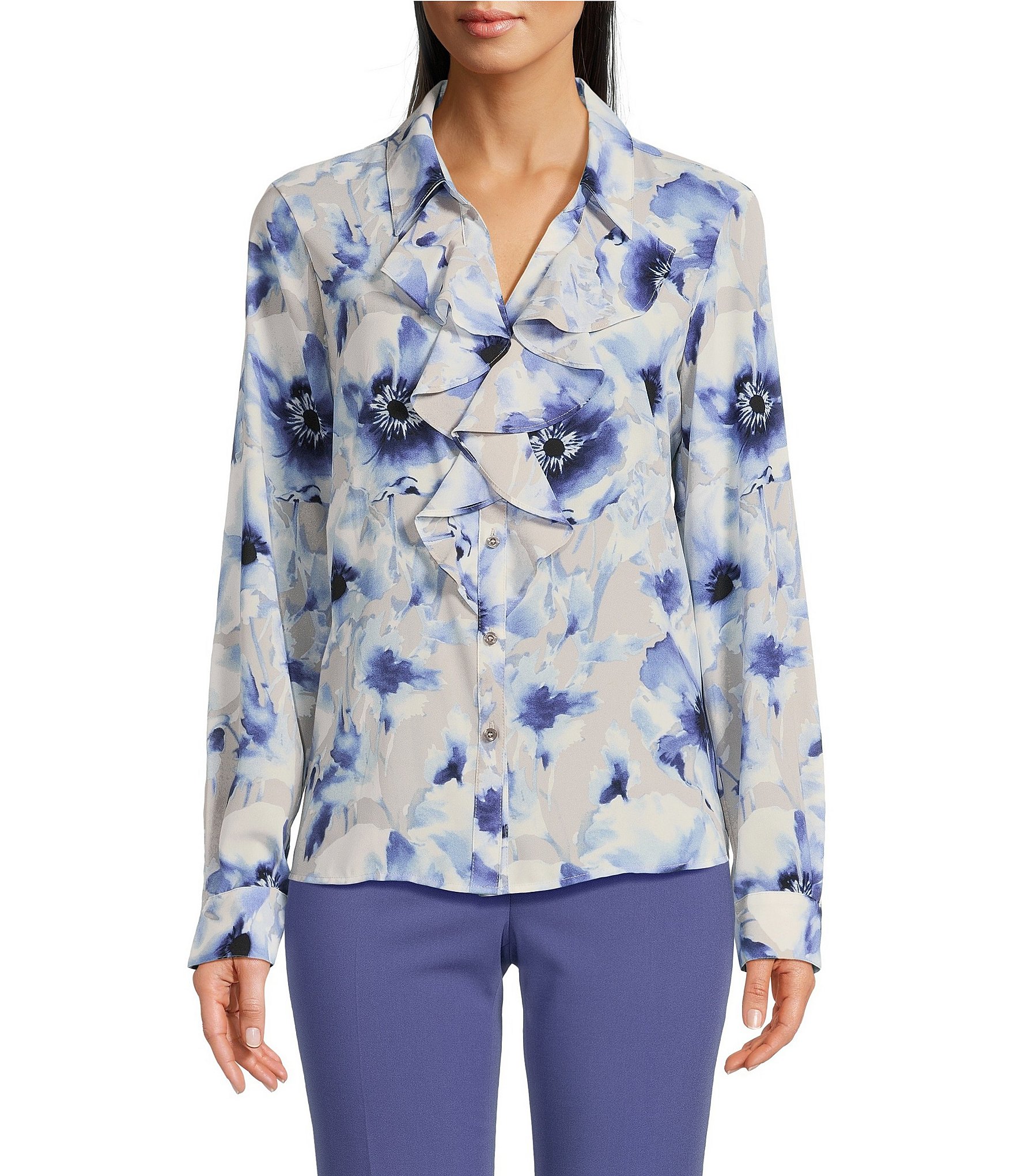 Calvin Klein Printed Georgette Point Collar Long SLeeve Ruffle Front ...