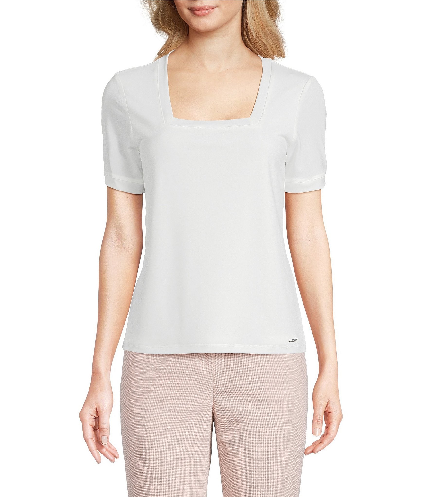 Calvin Klein Solid Knit Square Neck Short Sleeve Top | Dillard's