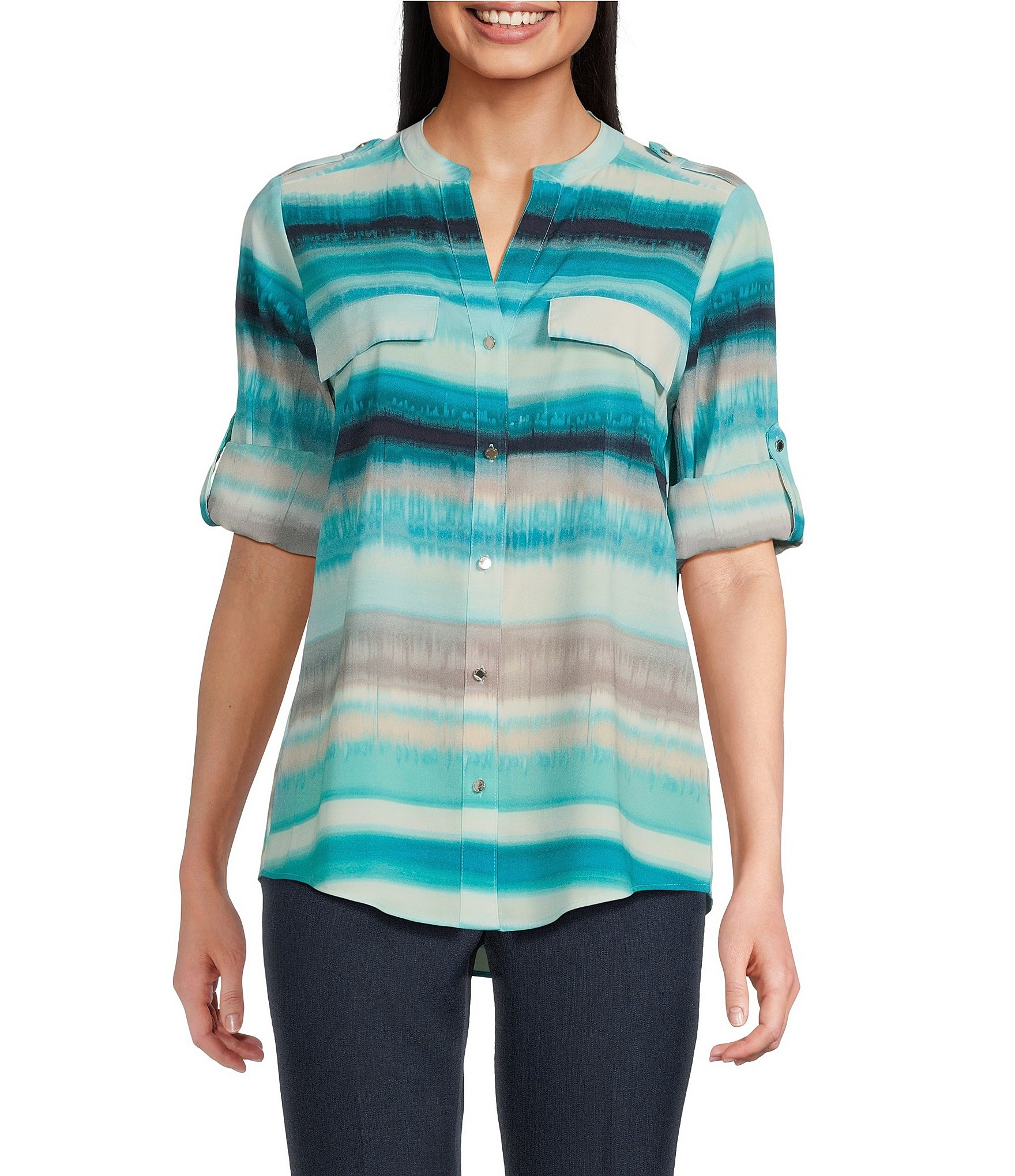 Calvin Klein Split Neck Roll Tab Button Front Blouse | Dillard's