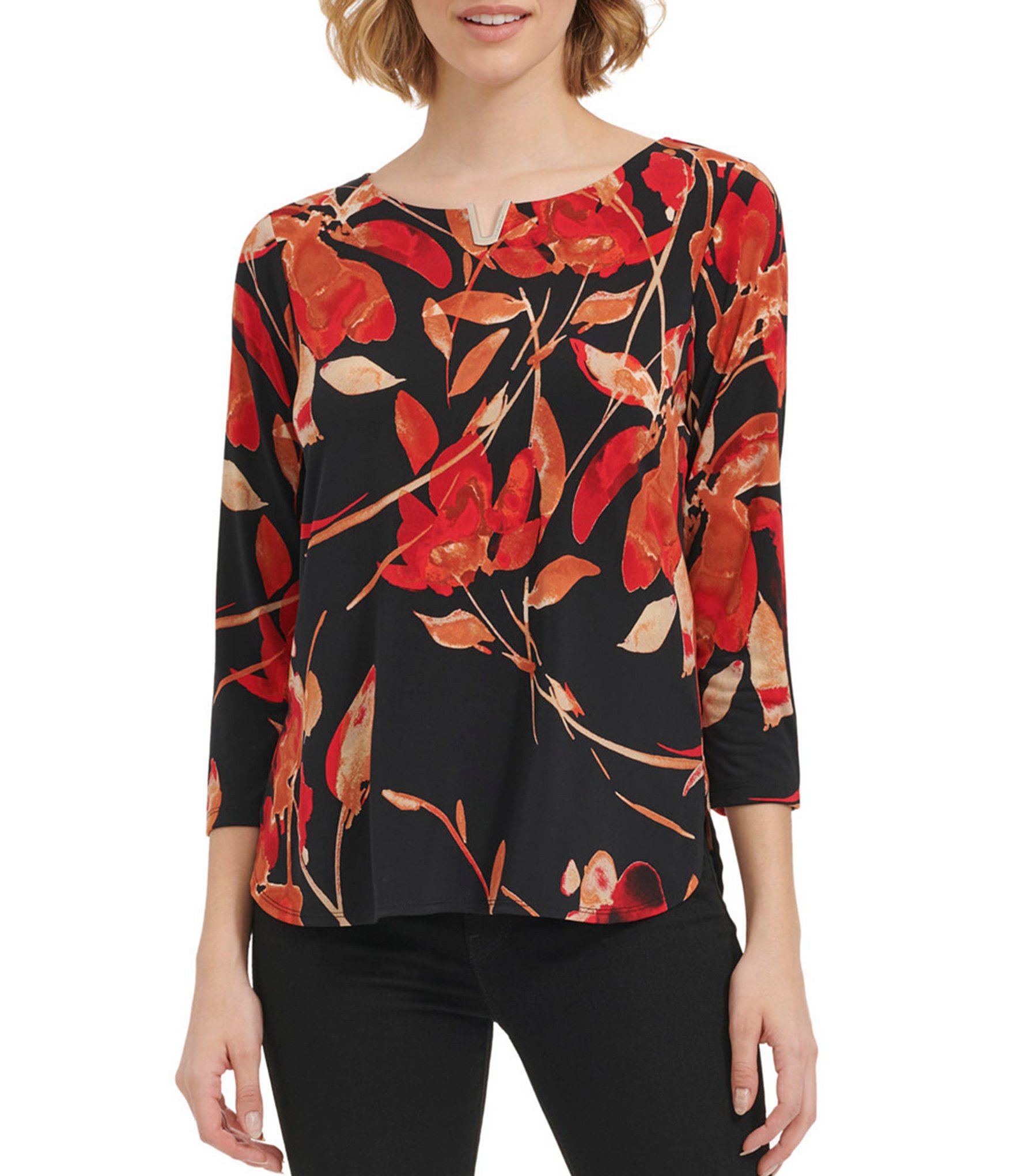 Calvin Klein Stretch Printed Split V Neckline 3/4 Sleeve Blouse | Dillard's