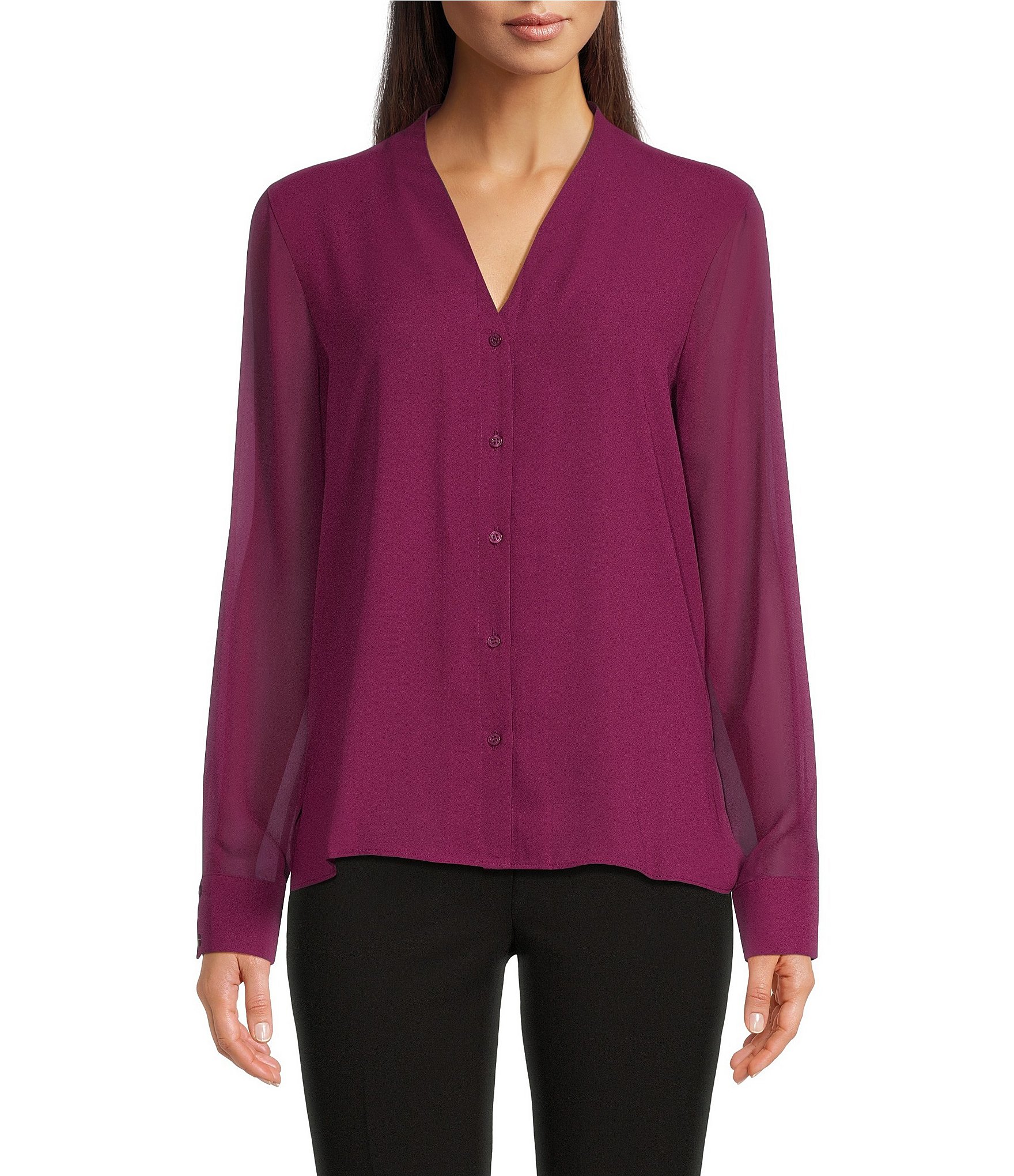 Calvin Klein V-Neck Long Sleeve Button Front Blouse | Dillard's