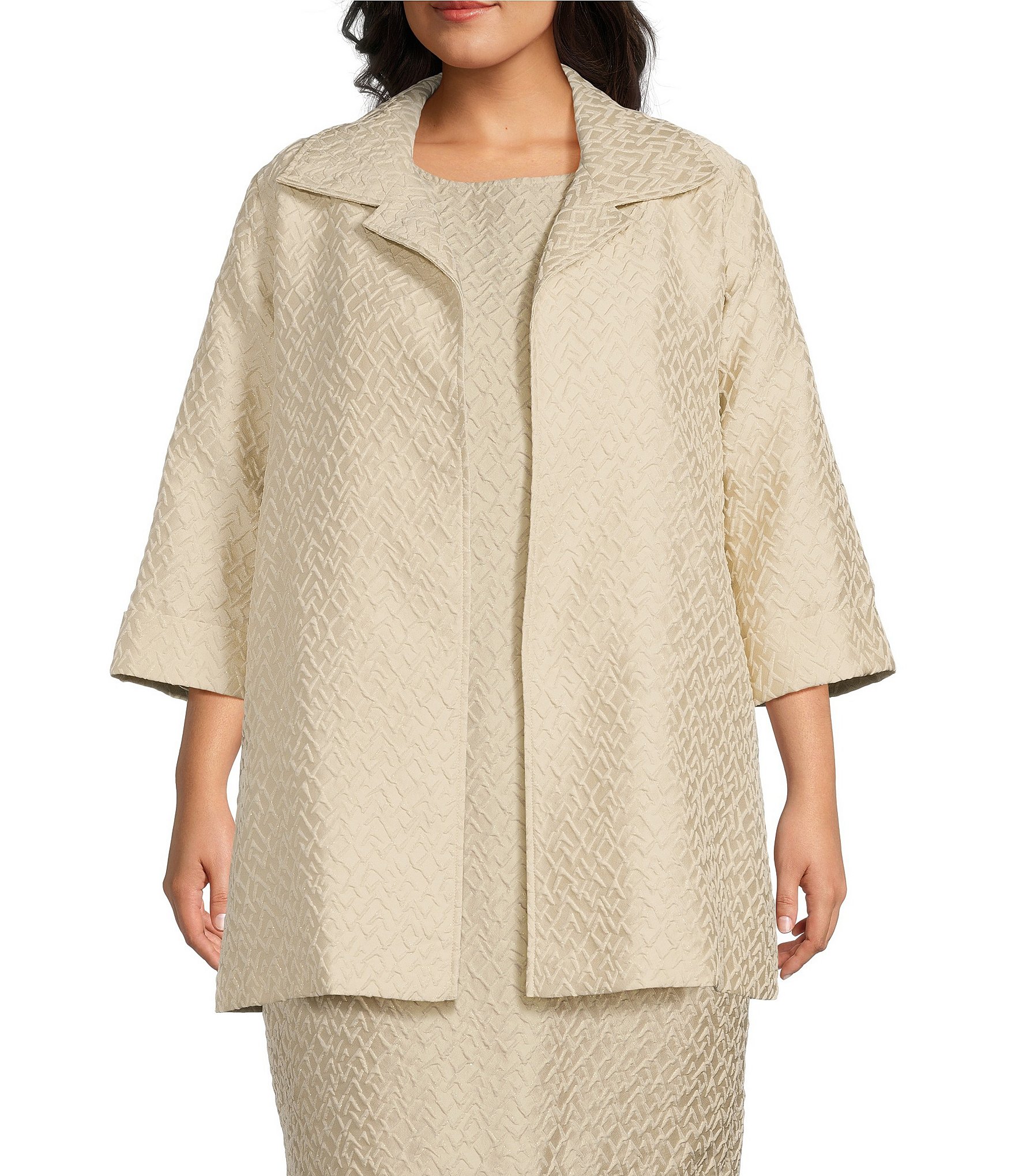 Caroline Rose Plus Shimmering Sands Textured Jacquard Notch Collar Bracelet Sleeve Open-Front ...