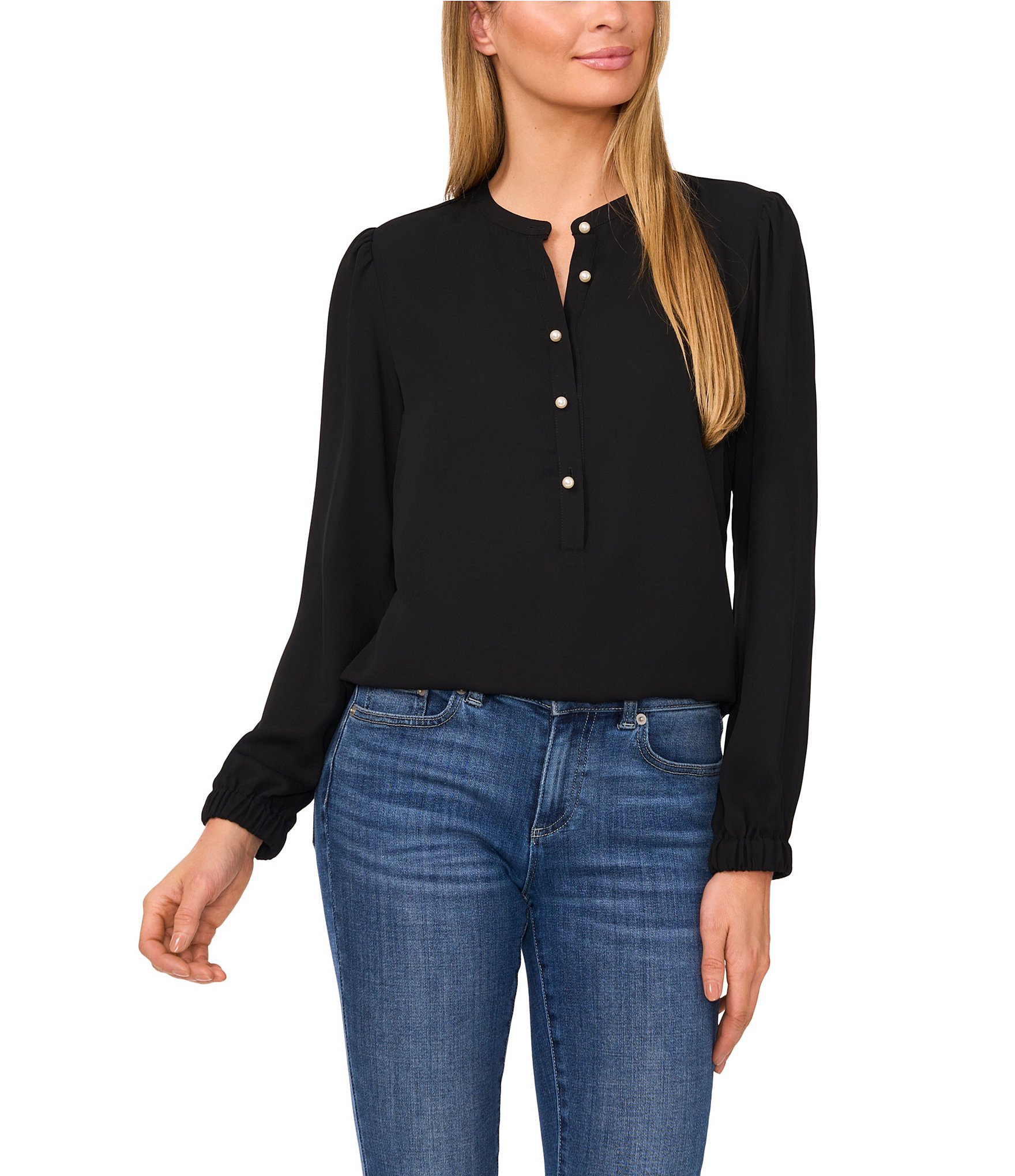 CeCe Crew Neck Long Sleeve Button Front Blouse | Dillard's