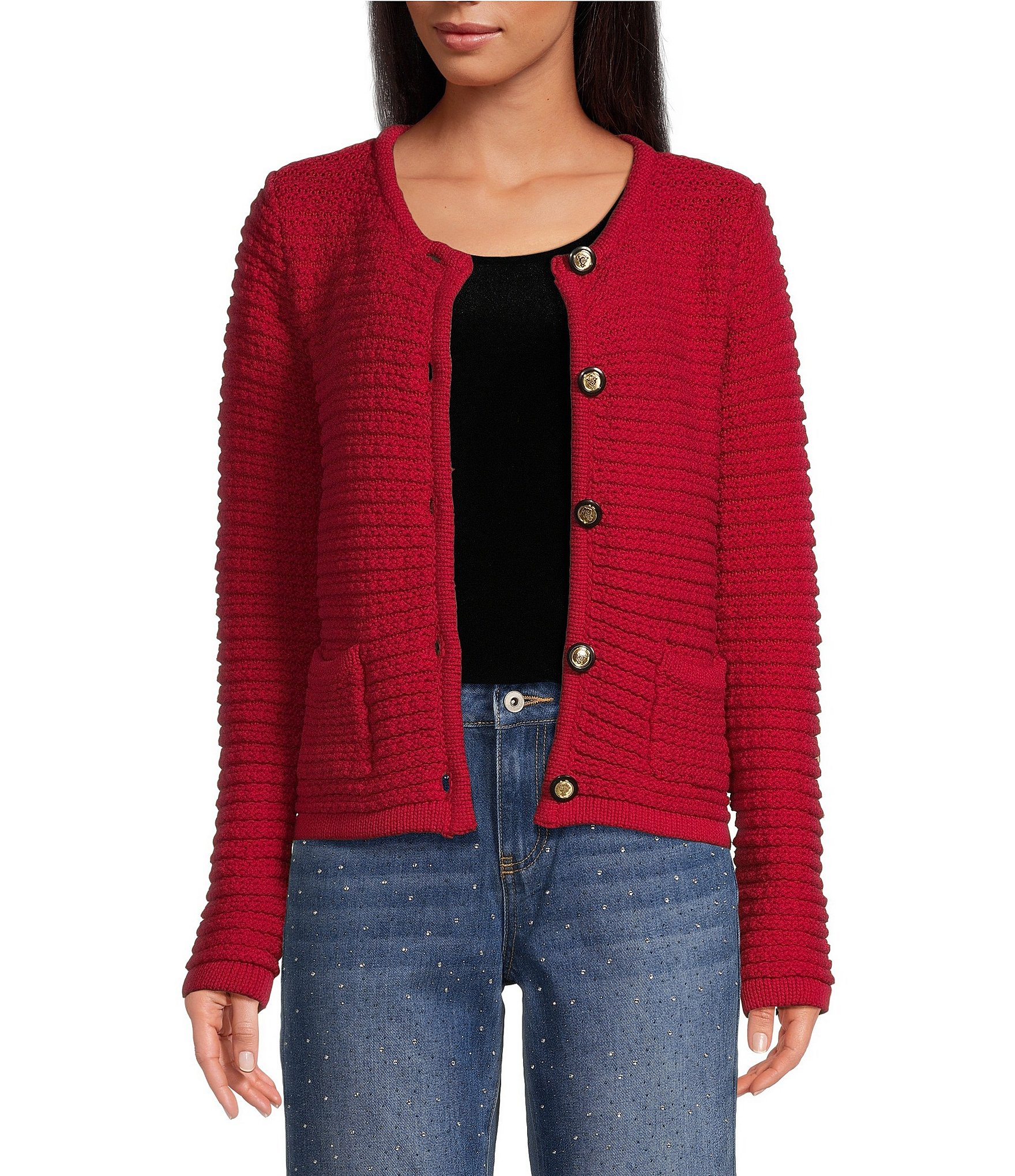 CeCe Crew Neck Long Sleeve Button Front Cardigan | Dillard's