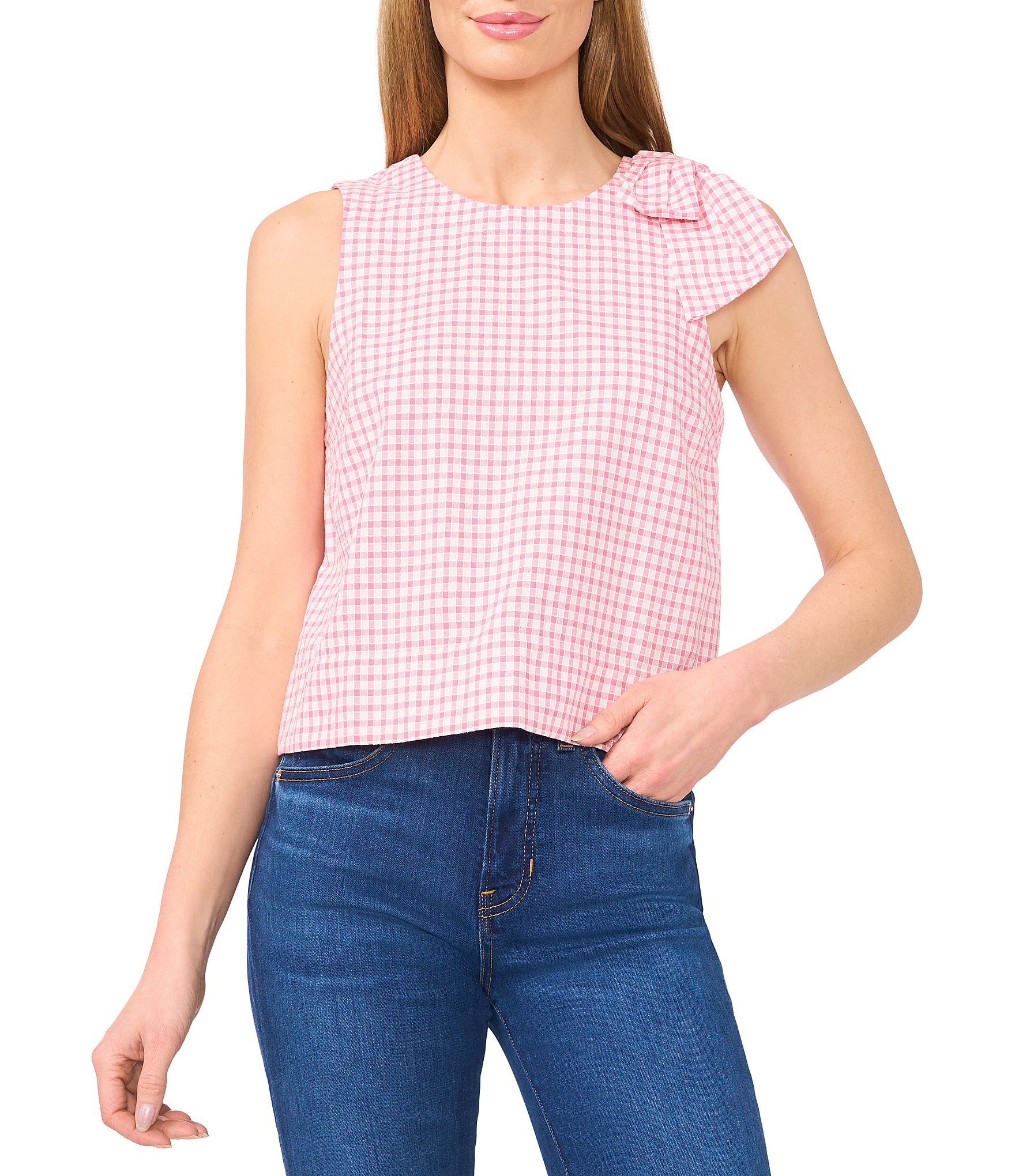 CeCe Gingham Print Crew Neck Sleeveless Bow Top | Dillard's