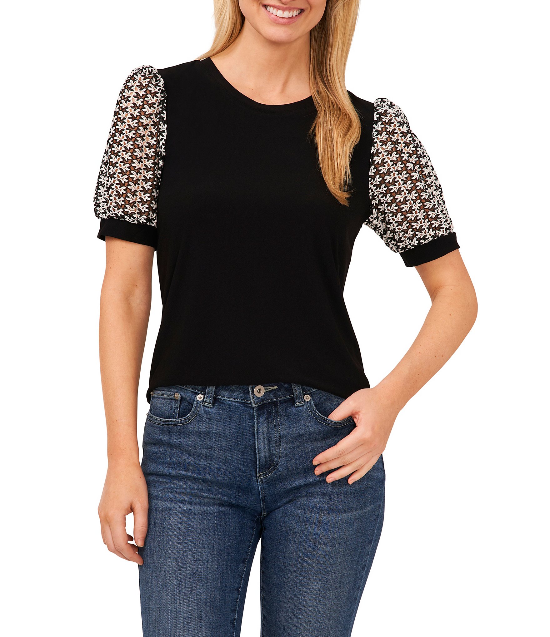 CeCe Mixed Media Crew Neck Short Puff Sleeve Tee | Dillard's