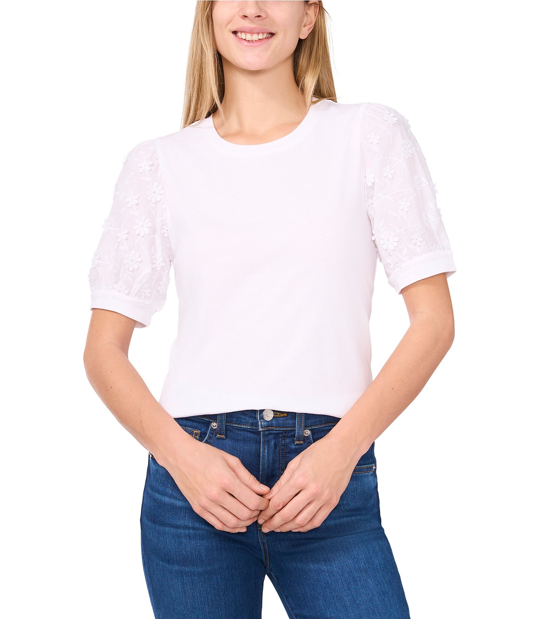 CeCe Mixed Media Crew Neck Embroidered Short Puff Sleeve Tee | Dillard's