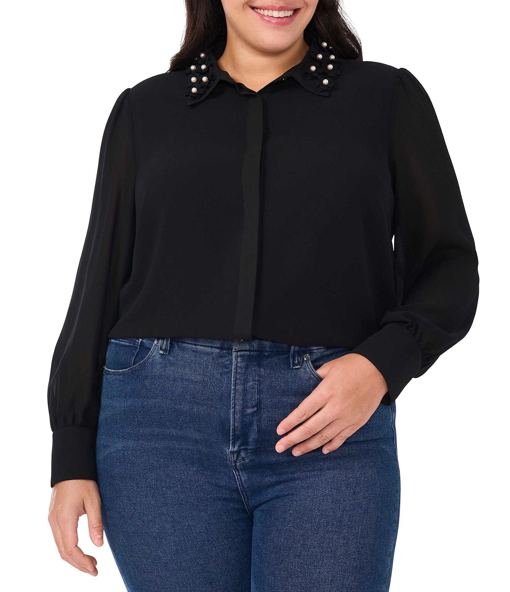 CeCe Plus Size Georgette Floral 3D Applique Pointed Collar Long Sleeve ...