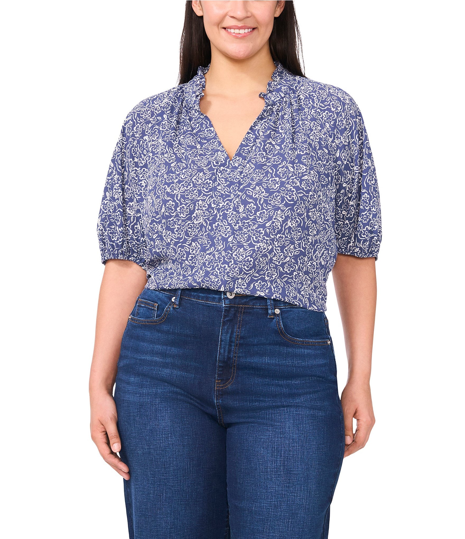 CeCe Plus Size Woven Printed Split Round Ruffle Neckline Short Puff ...