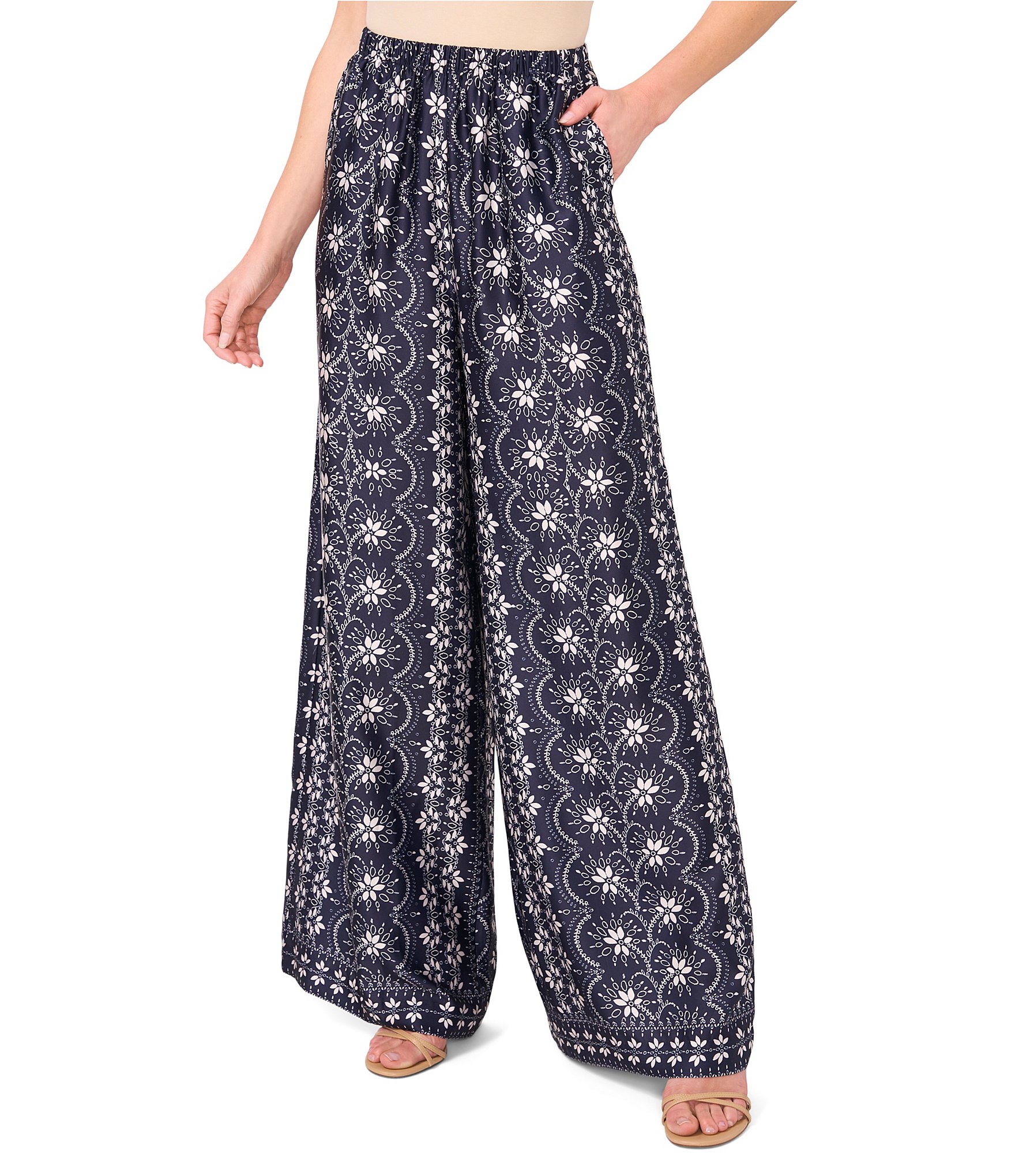 CeCe Printed Wide Leg Pull On Pants | Dillard's