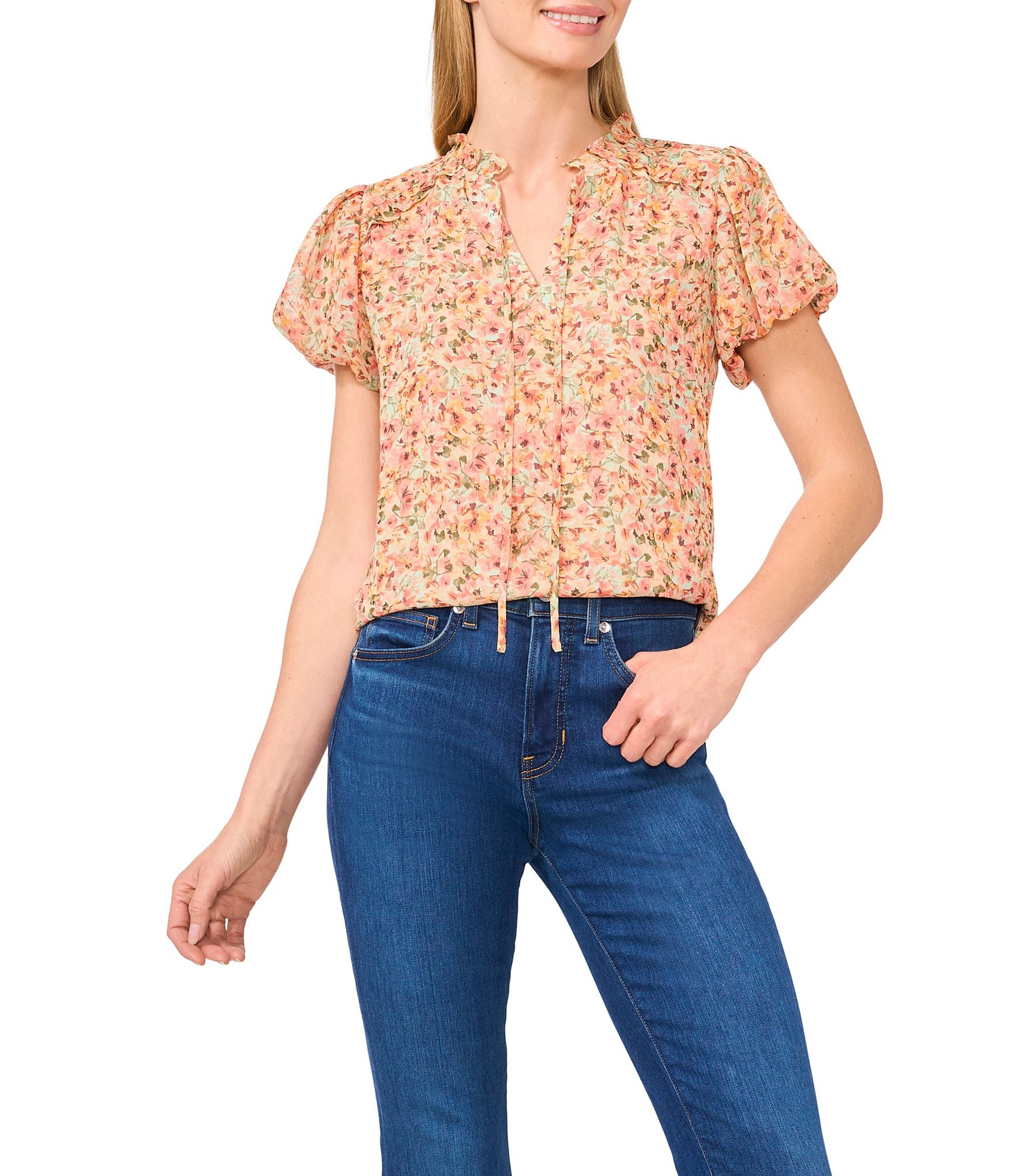 CeCe Woven Floral Print Split Round Neck Short Sleeve Tie Front Blouse ...