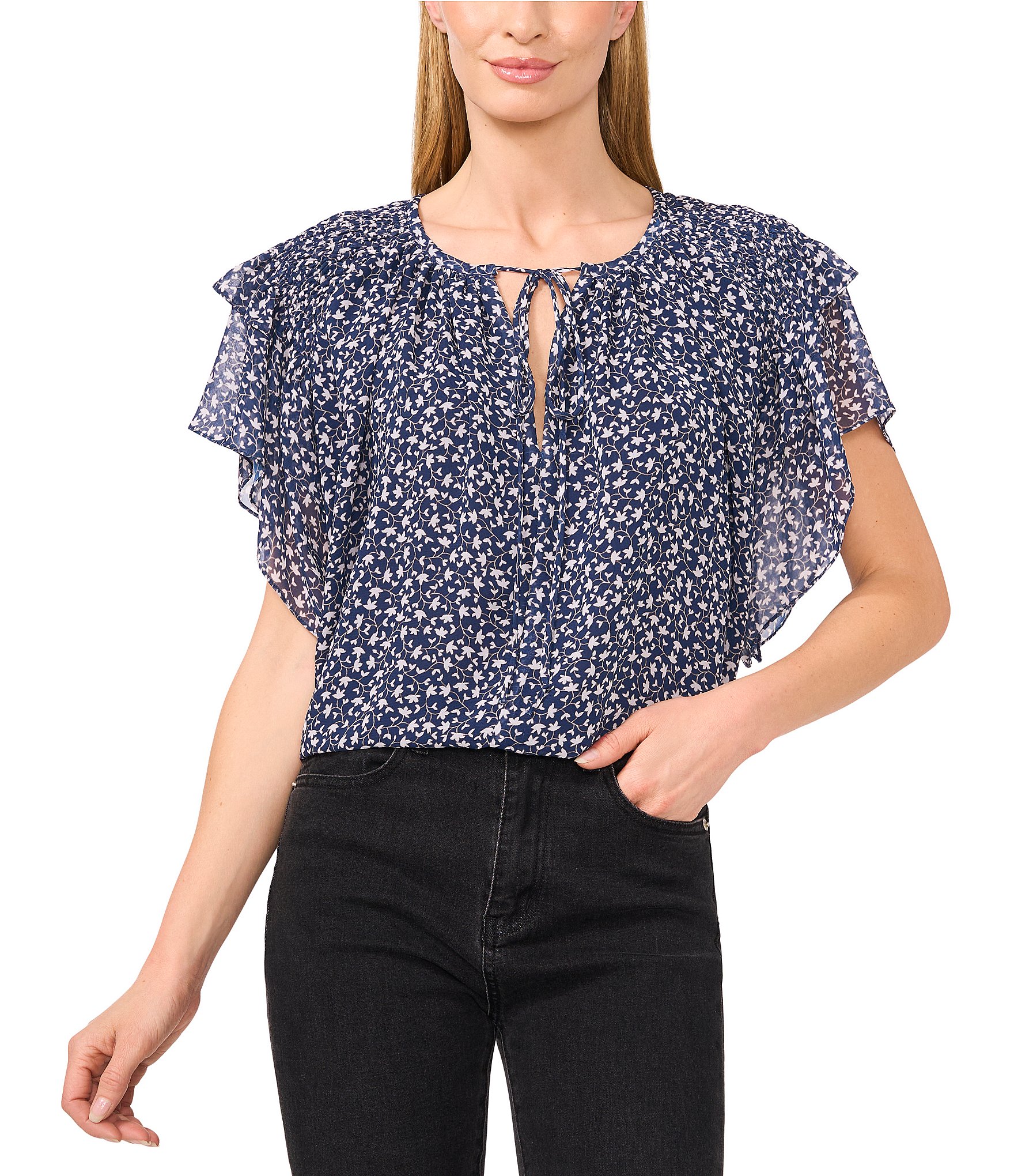 CeCe Woven Floral Print Split Round Tie Neck Ruffle Sleeve Blouse ...