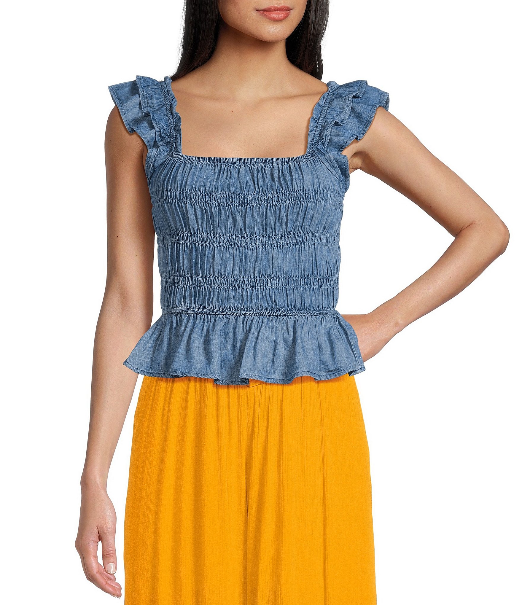 Coco Jaimeson Square Neck Smocked Tencel Ruffled Top Dillards