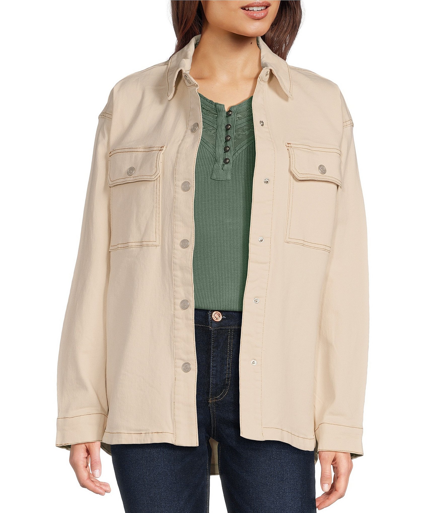 Code Bleu Denim Point Collar Long Sleeve Shacket | Dillard's