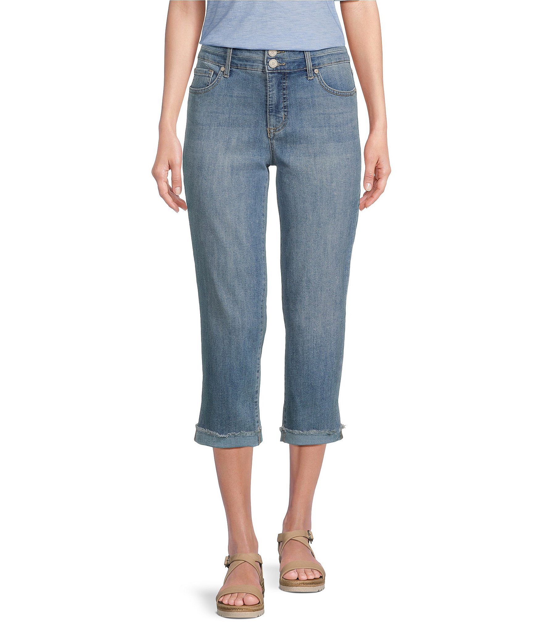 Code Bleu Petite Size Soho Twill High-Waist Fray Cuff Hem Capri Jeans ...