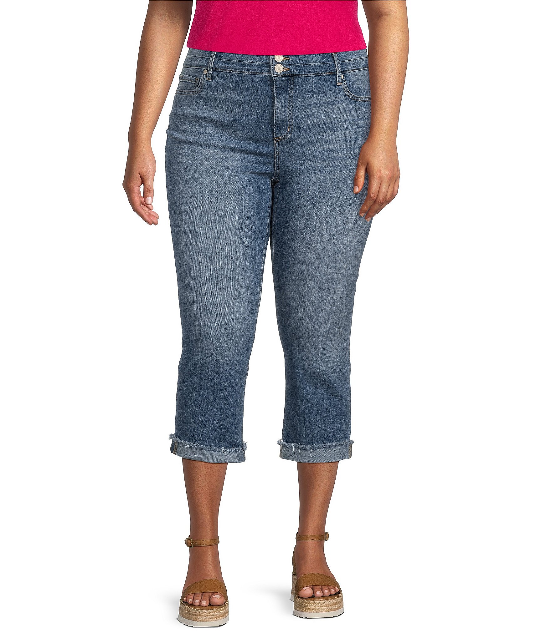 Code Bleu Plus Size Twill High Rise Frayed Cuff Hem Denim Capri Jeans ...