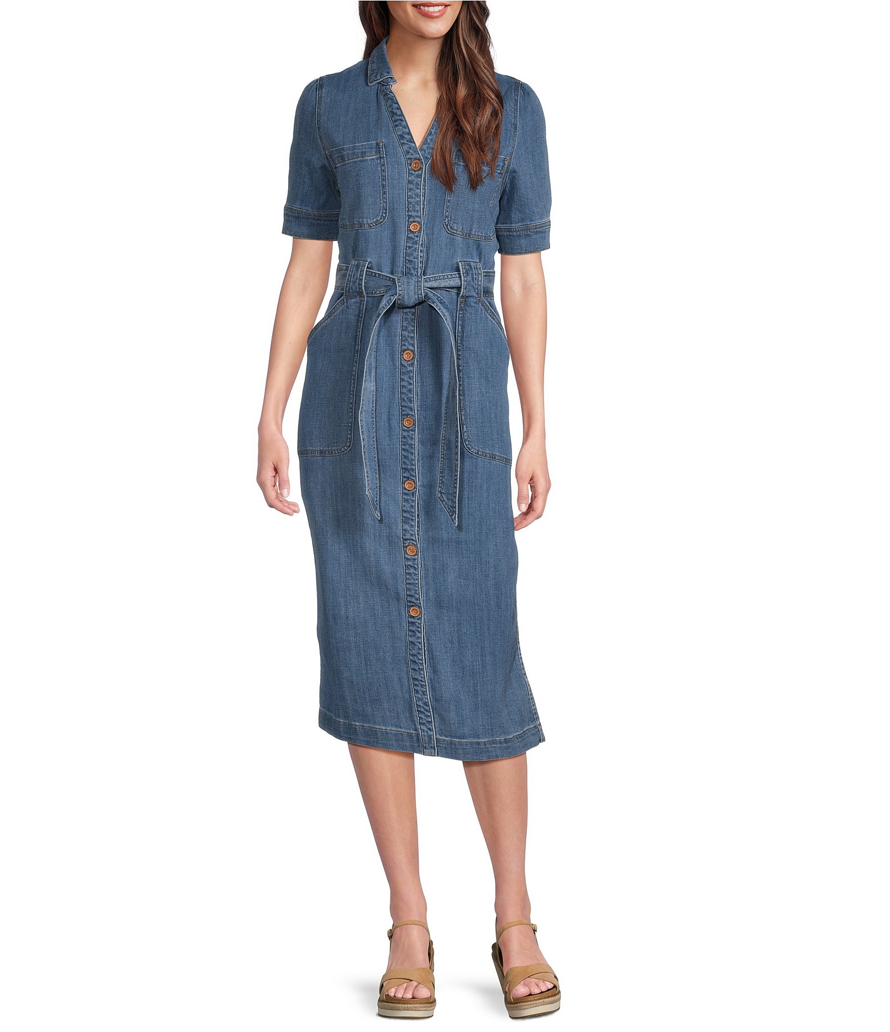 Code Bleu Stretch Denim Spread Collar Short Sleeve Shirt Midi Dress ...