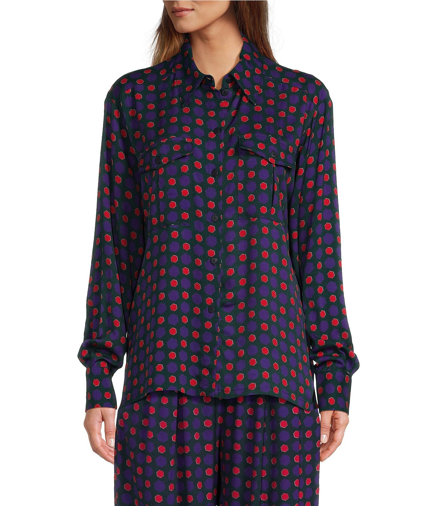 COREY LYNN CALTER Yimmi Crepe Dot Print Point Collar Long Sleeve Button ...