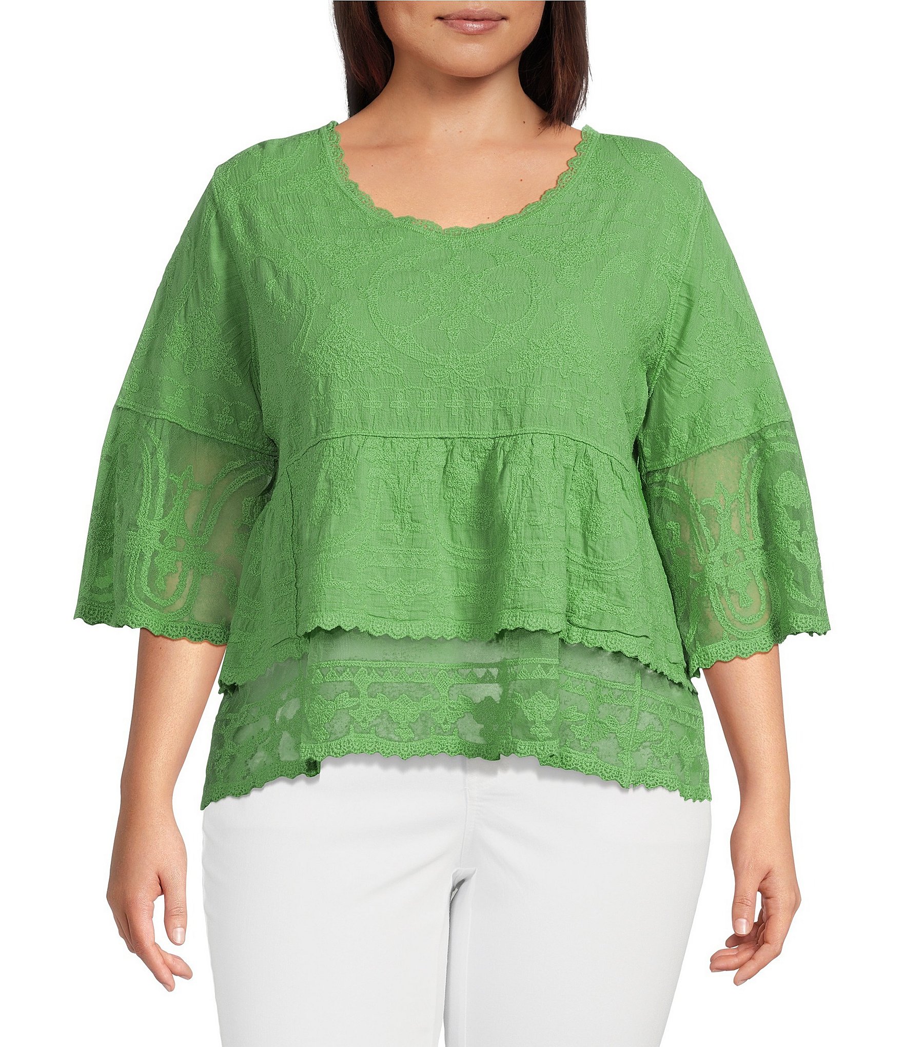 Democracy Plus Size Embriordered Double Layer Scoop Neck 3/4 Sleeve ...