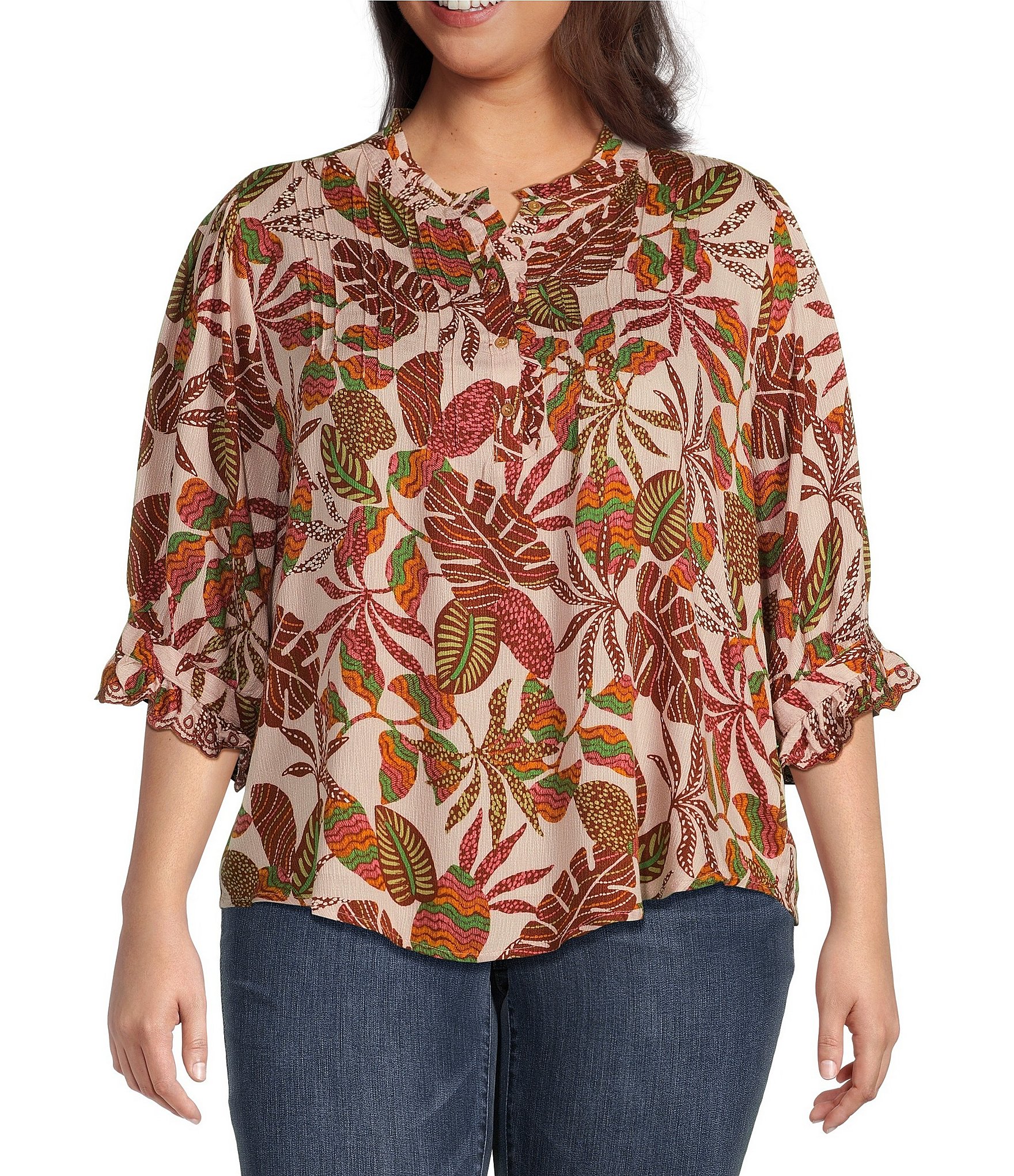Democracy Plus Size Embroidered Leaf Print Round Ruffle Neck Elbow
