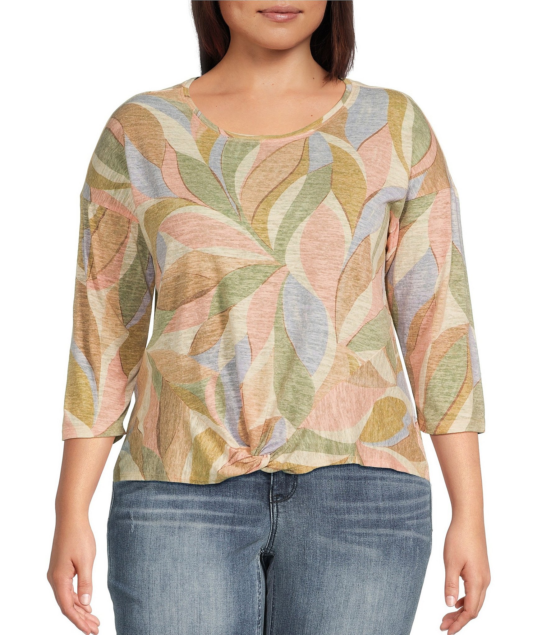 Democracy Plus Size Palm Print Crew Neck 3/4 Sleeve Twist Front Hem ...