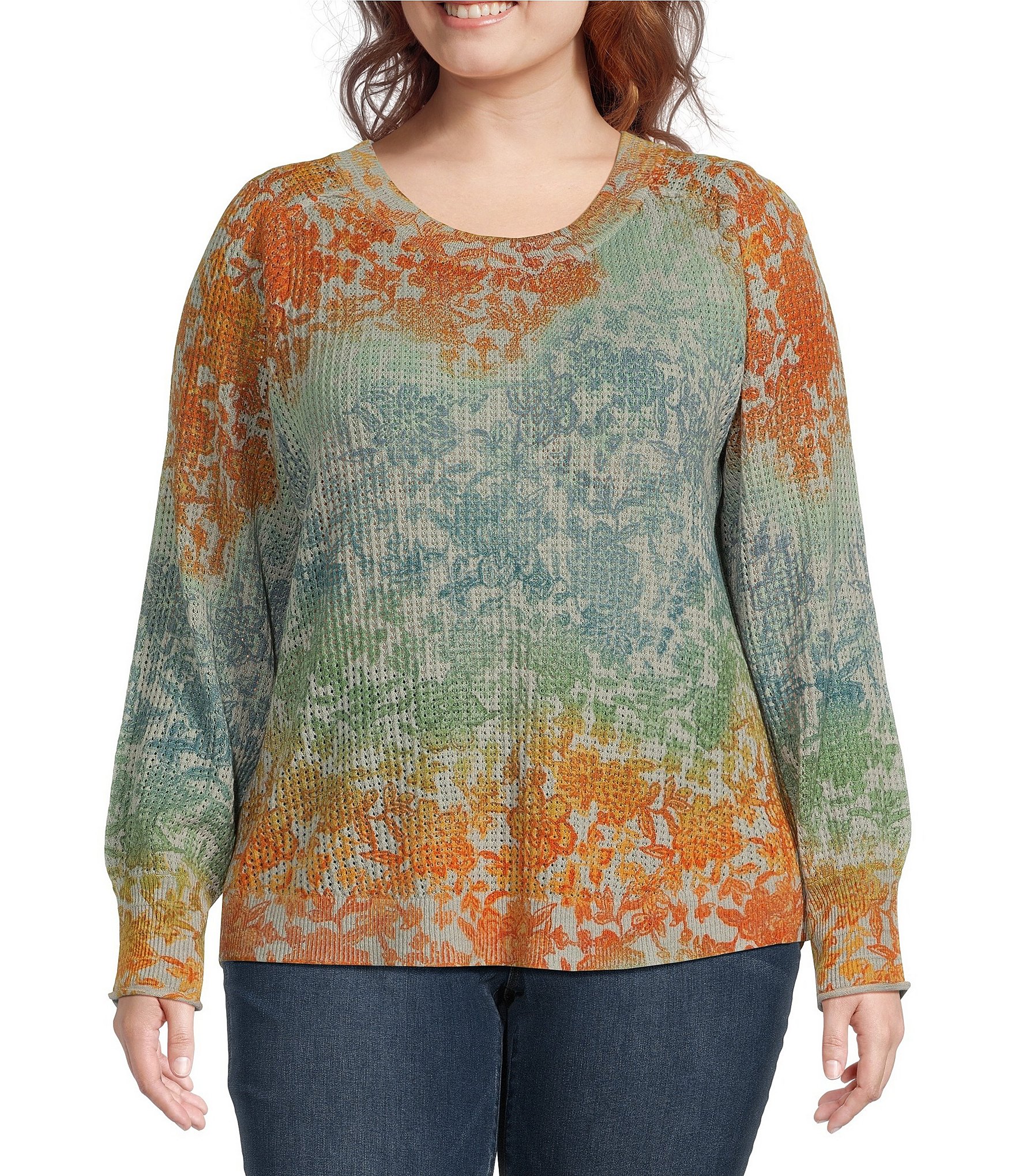 Democracy Plus Size Printed Crew Neck Long Puff Sleeve Sweater | Dillard's