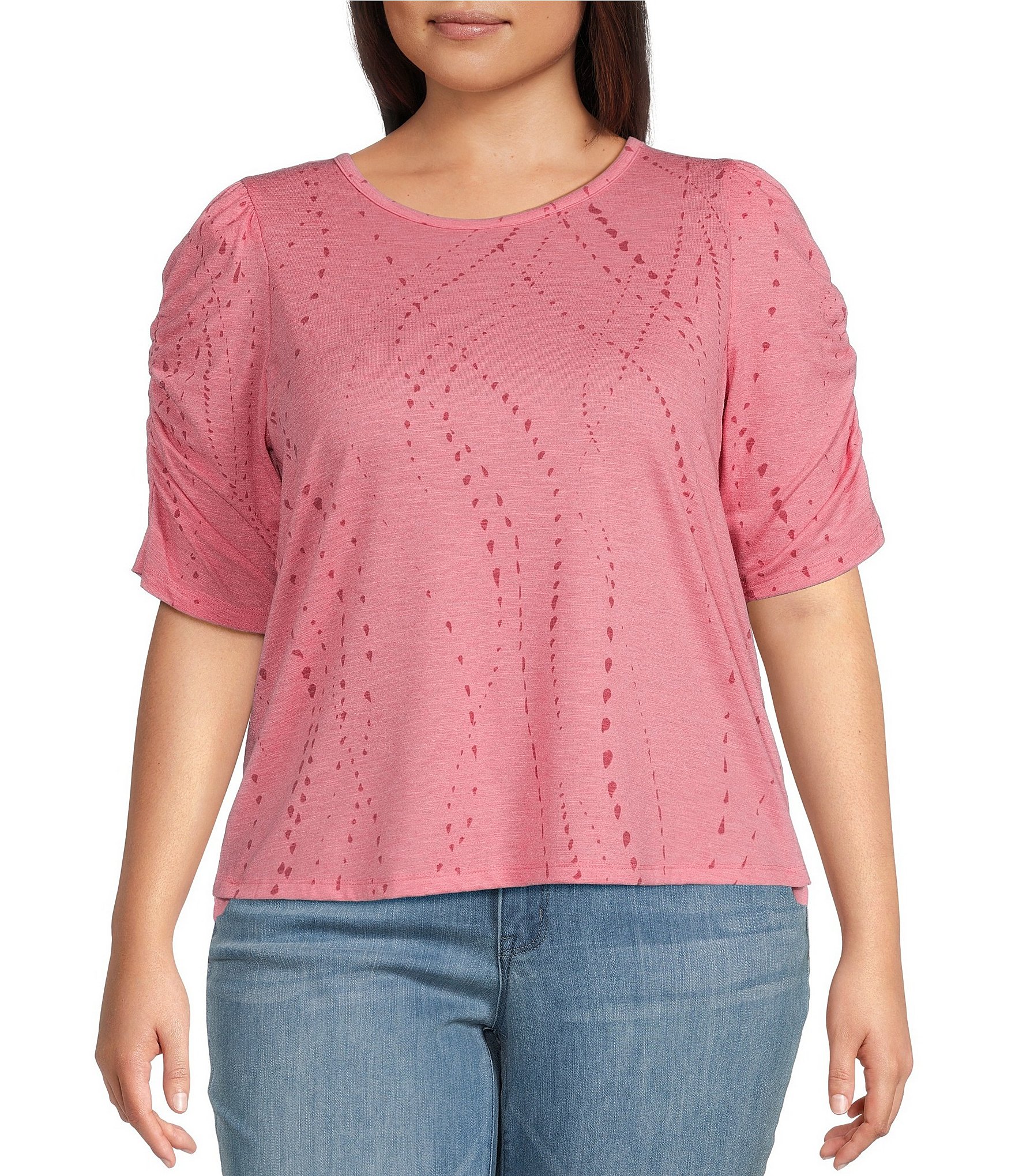 Democracy Plus Size Printed Crew Neck Ruched Elbow Sleeve Top | Dillard's