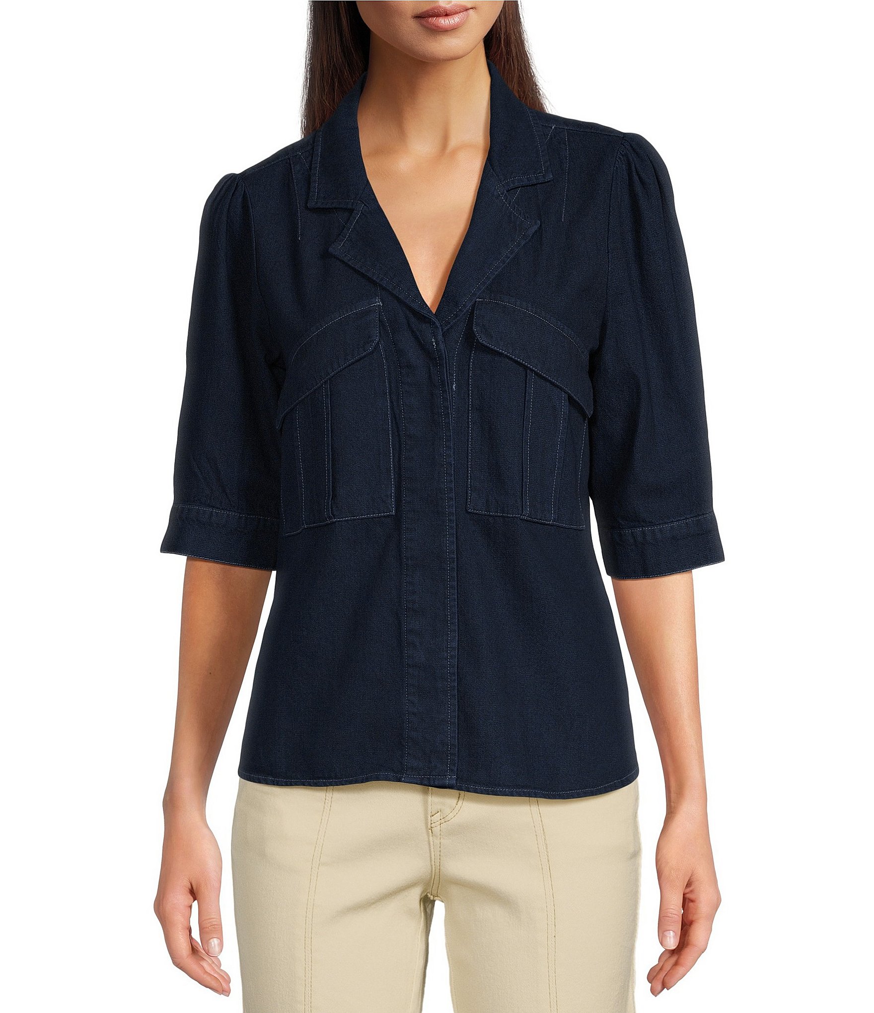 Democracy Solid Notch Collar Elbow Puff Sleeve Hidden Placket Denim ...