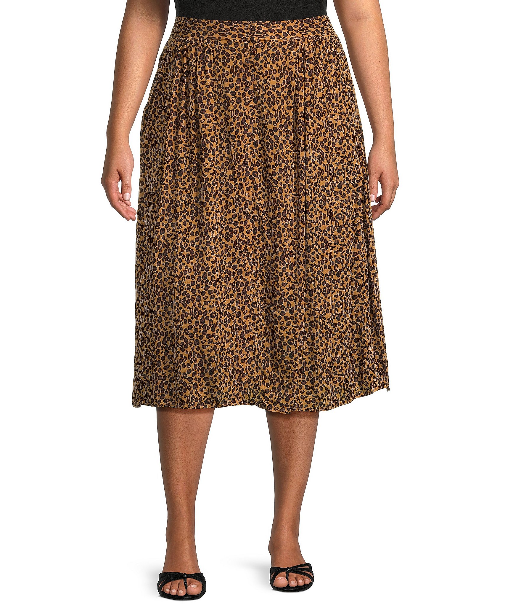 Dex Plus High Rise Leopard Print Button Front Midi Skirt | Dillard's