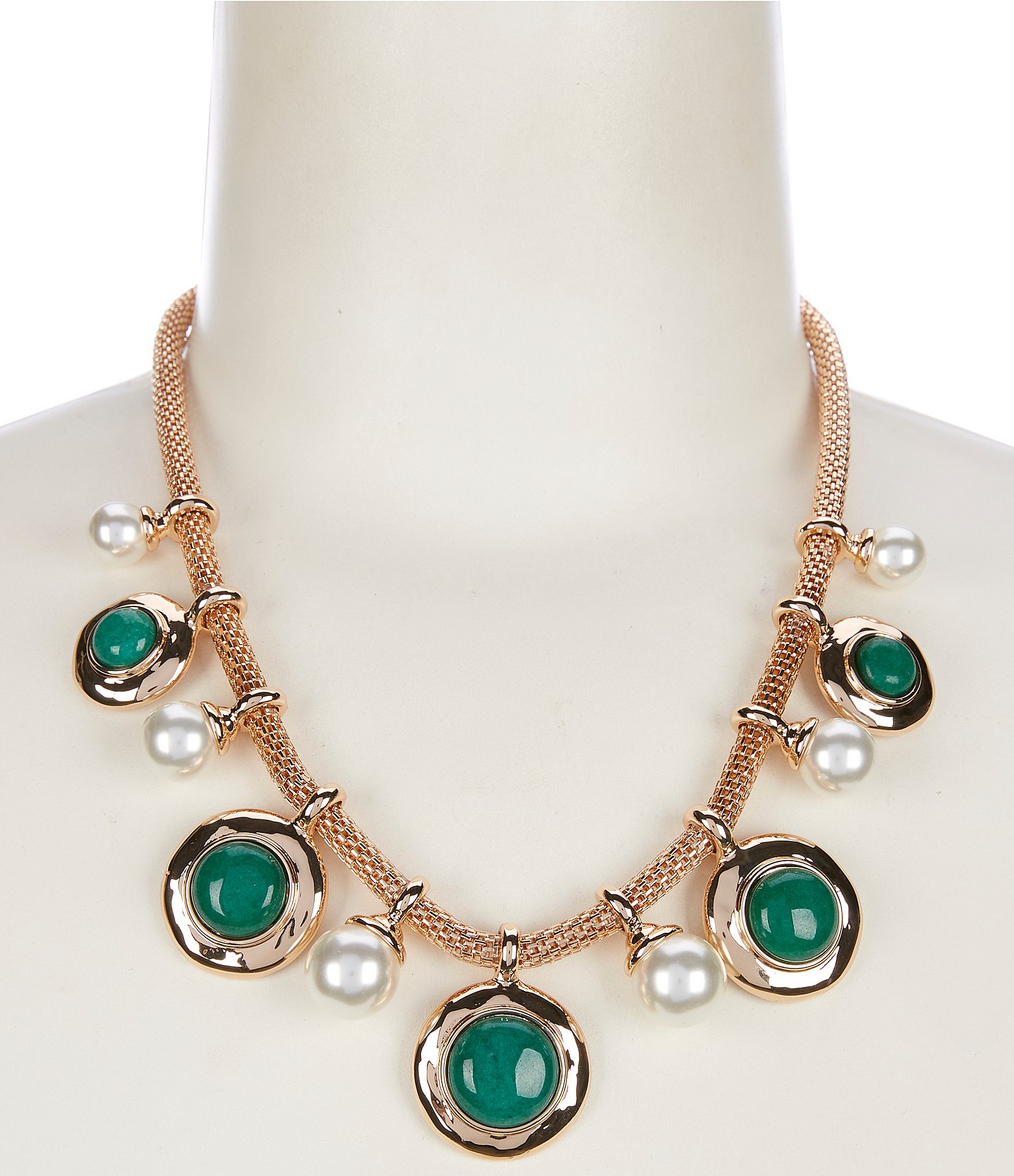 Dillard's Wobbly Metal Green Stone & Pearl Drop Frontal Statement ...
