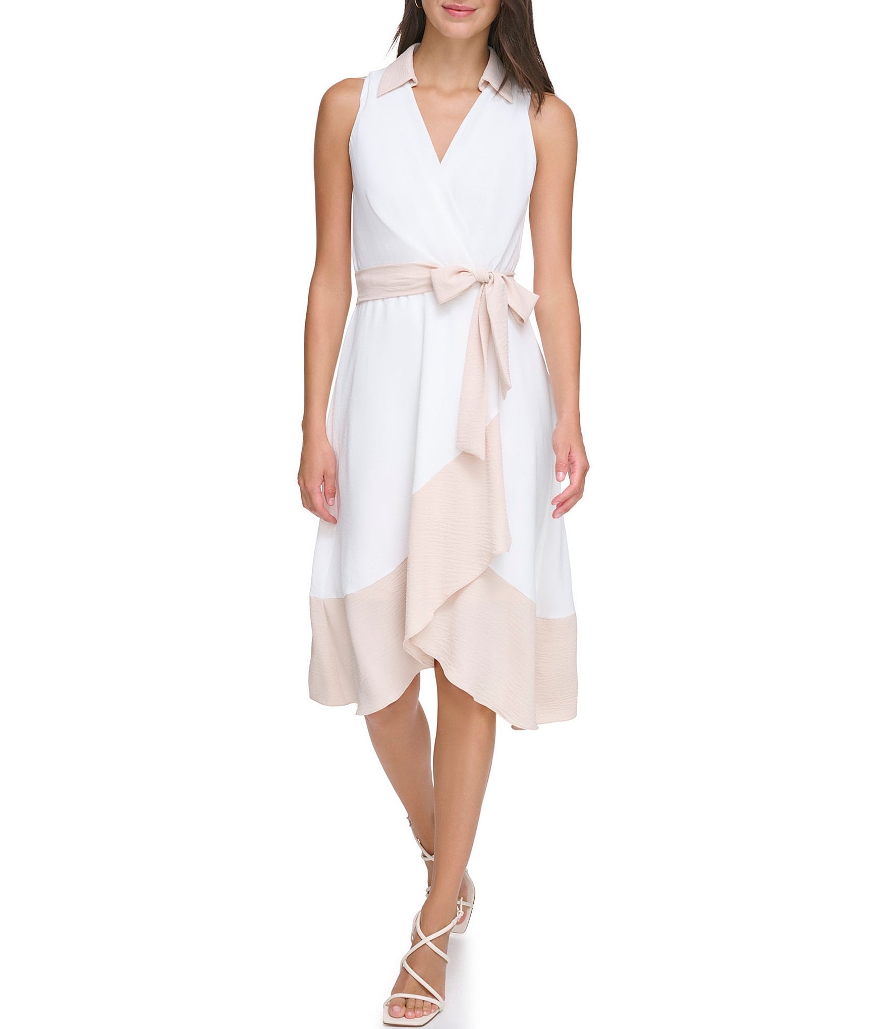 DKNY Colorblock Collared Surplice V Neckline Sleeveless Faux Wrap Dress ... DKNY Colorblock Collared Surplice V Neckline Sleeveless Faux Wrap Dress ...