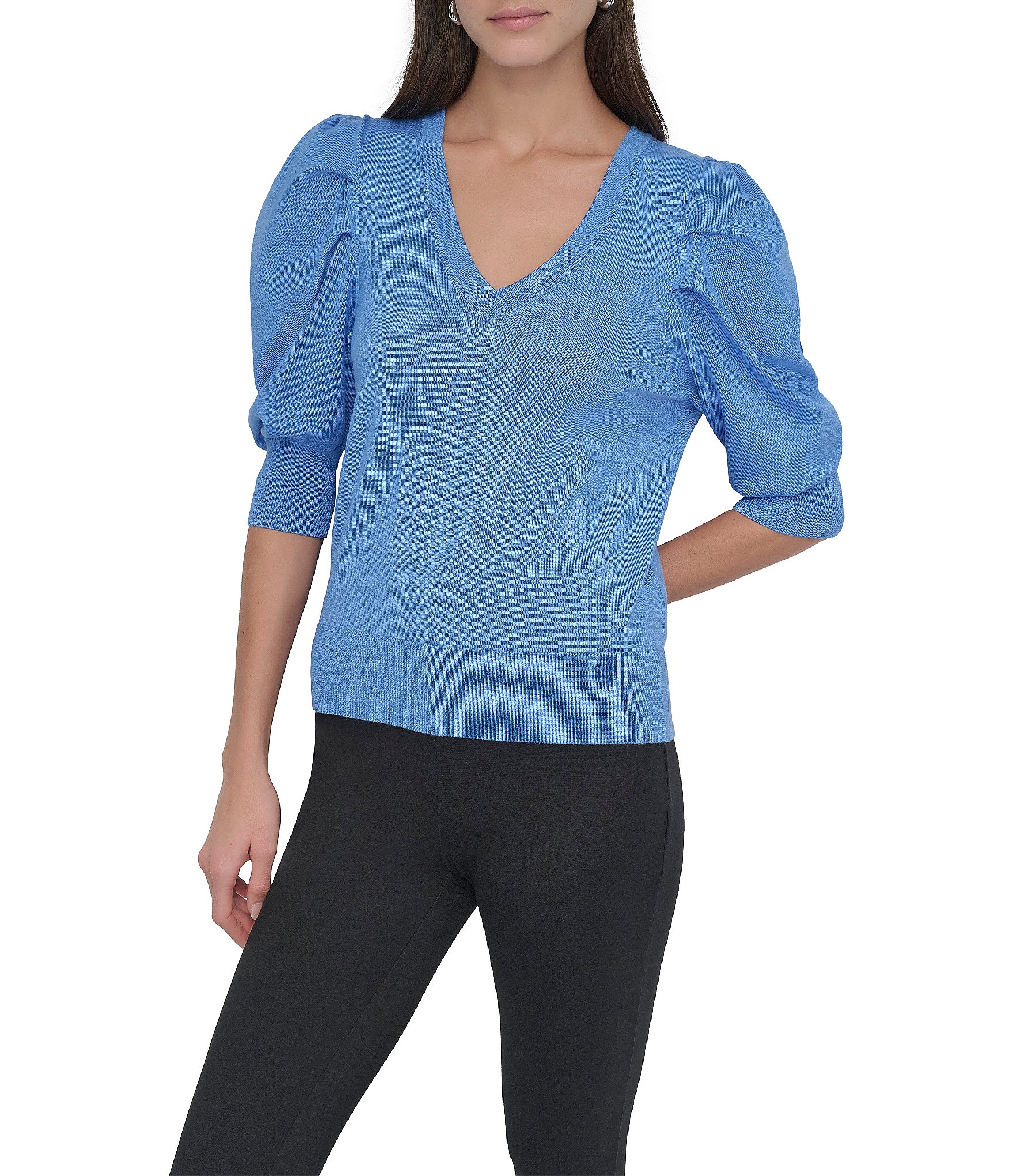 DKNY by Donna Karan Short Pleated Puffed Elbow Sleeve V-Neck DKNY by Donna Karan Short Pleated Puffed Elbow Sleeve V-Neck