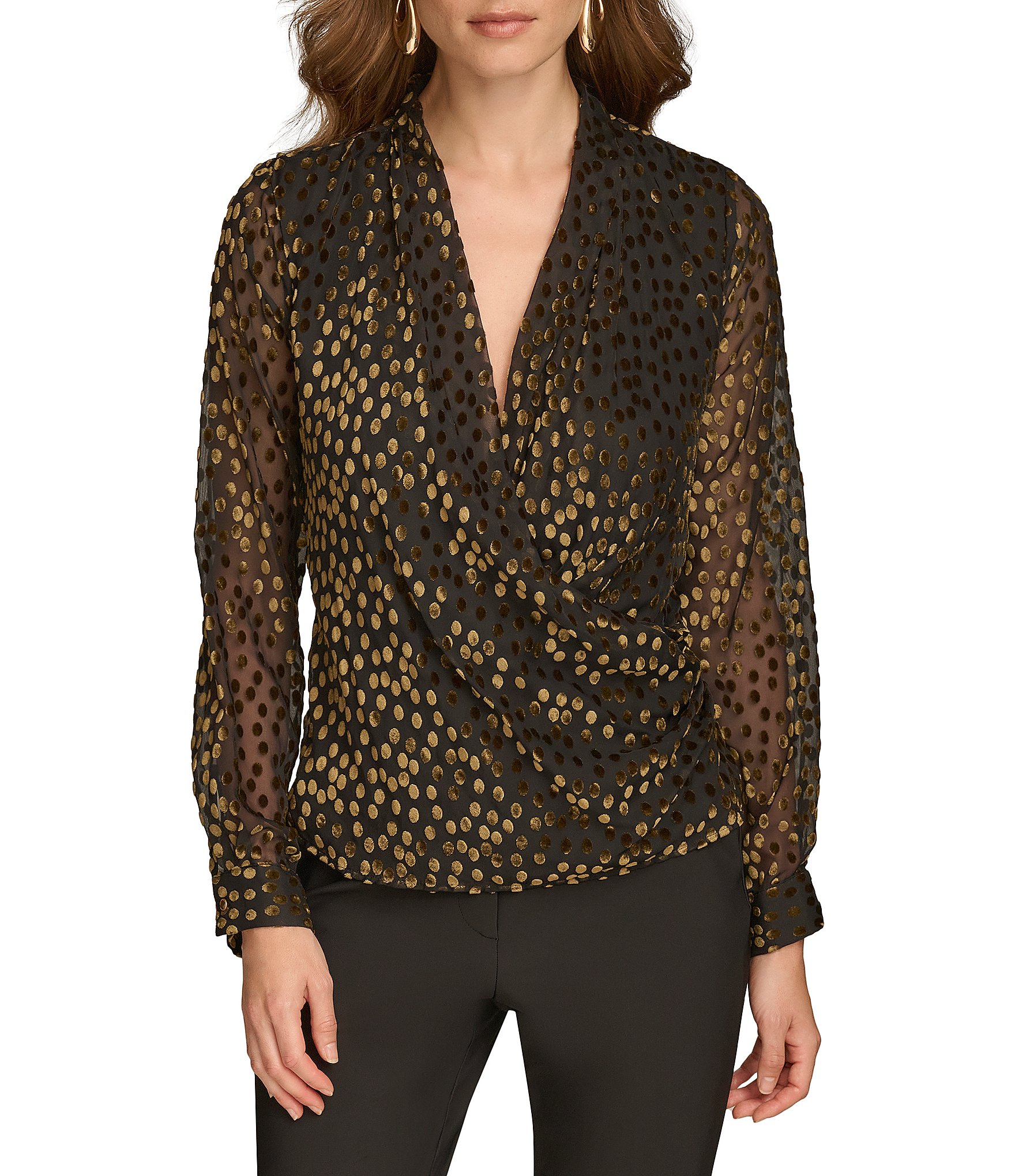 Donna Karan Burnout Velvet Dot Long Sleeve Faux Wrap Top | Dillard's Donna Karan Burnout Velvet Dot Long Sleeve Faux Wrap Top | Dillard's