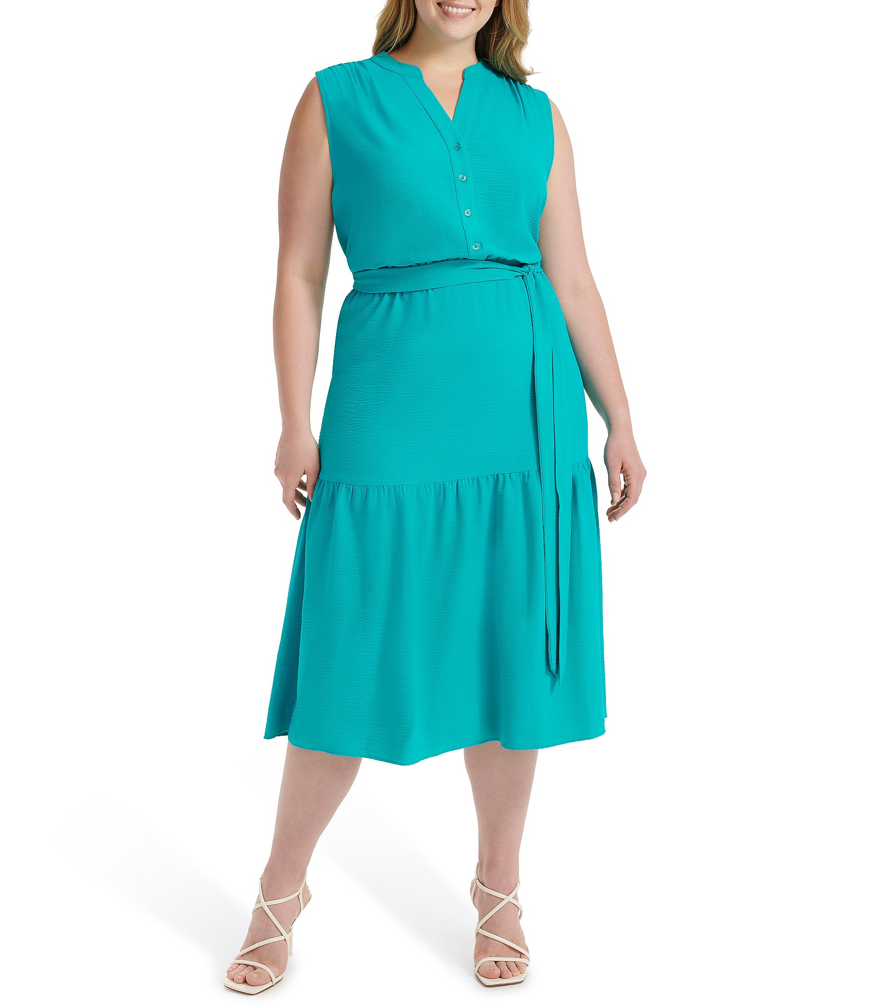 Donna Karan Plus Size V-Neck Button Front Midi Dress | Dillard's